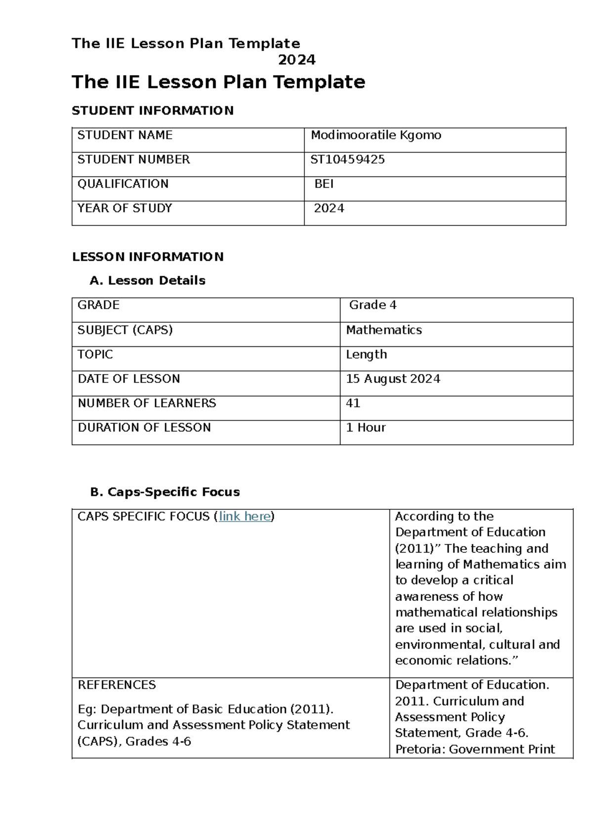 Mathematics lesson plan 1 - 2024 The IIE Lesson Plan Template STUDENT ...