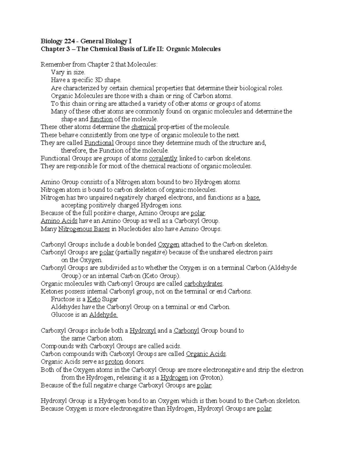 Bio 224- chapter 3 notes - Biology 224 - General Biology I Chapter 3 ...