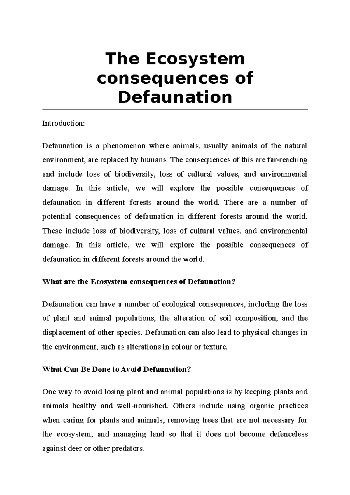 The Ecosystem consequences of Defaunatio 1 - The Ecosystem consequences ...