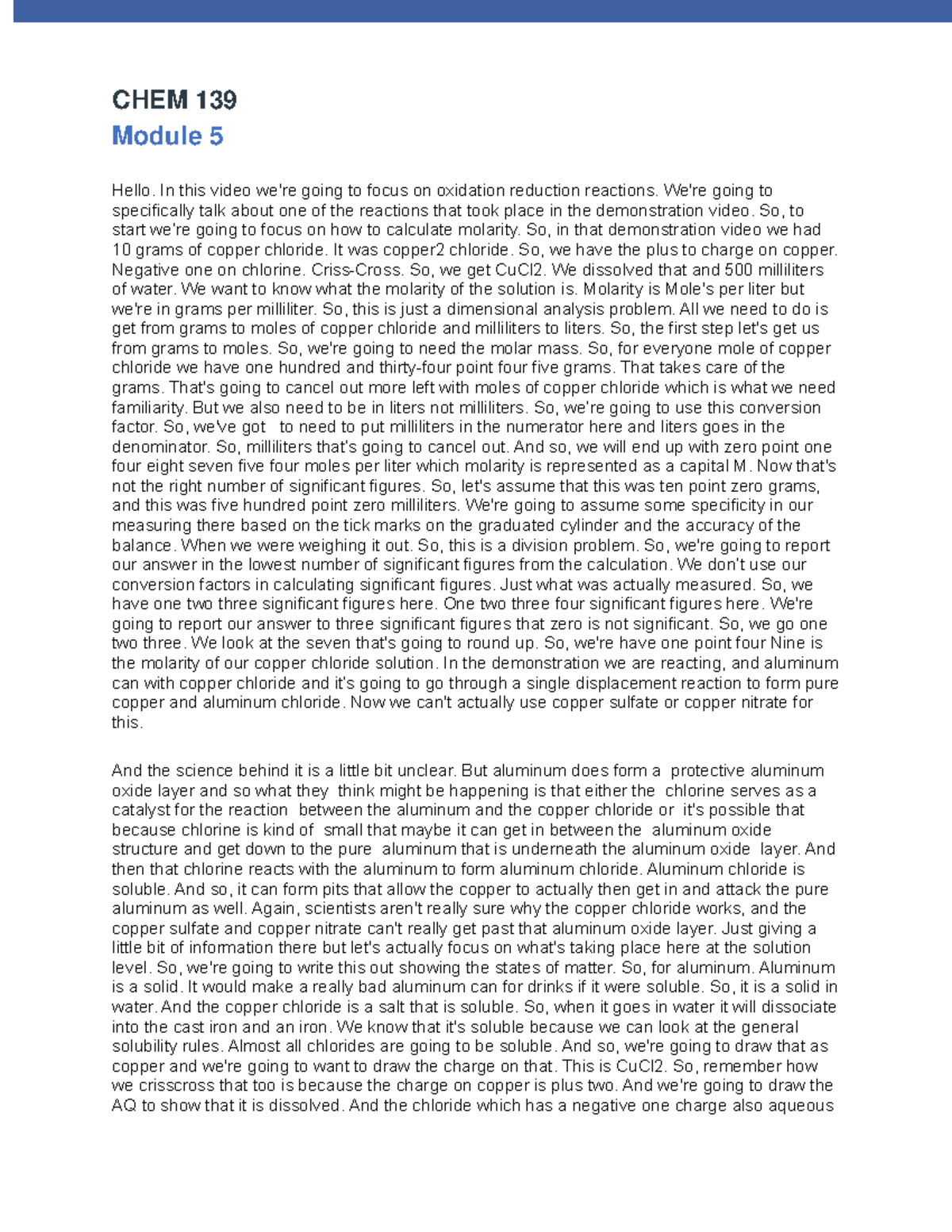 CHEM 139 Module 5 - CHEM 139 Module 5 Hello. In this video we're going ...