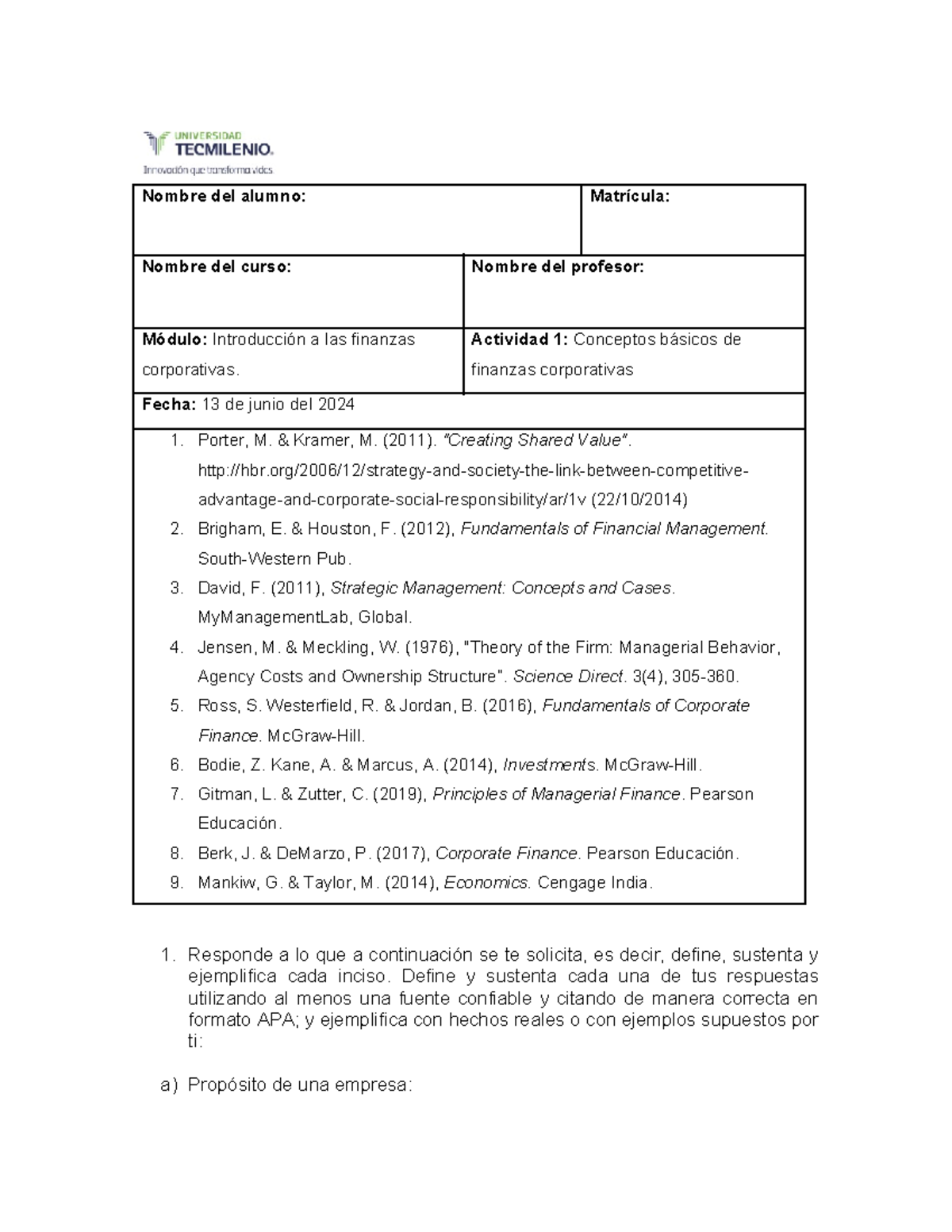 Actividad 1 Conceptos basicos de finanzas corporativas - Nombre del alumno: Matrícula: Nombre ...