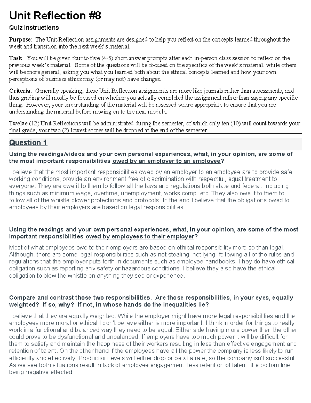 Unit Reflection #8 - Task: You will be given four to five (4-5) short ...