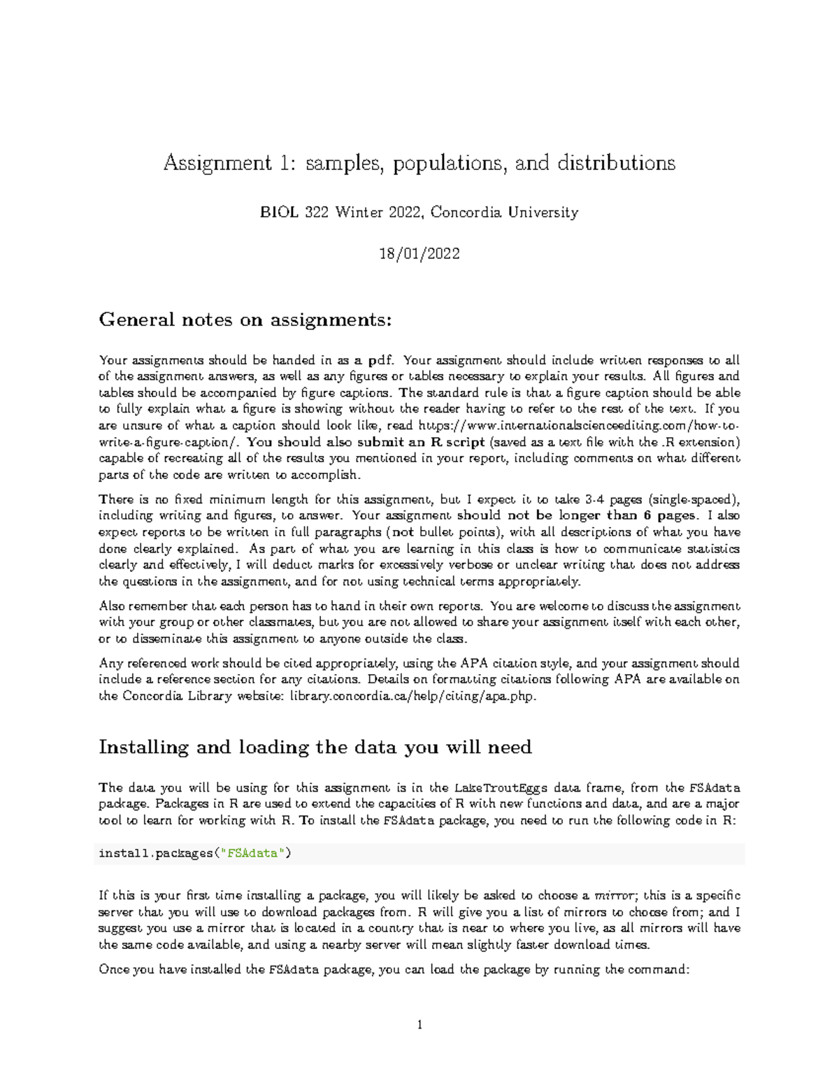 Assignment-1 - Assignment one - Assignment 1: samples, populations, and ...
