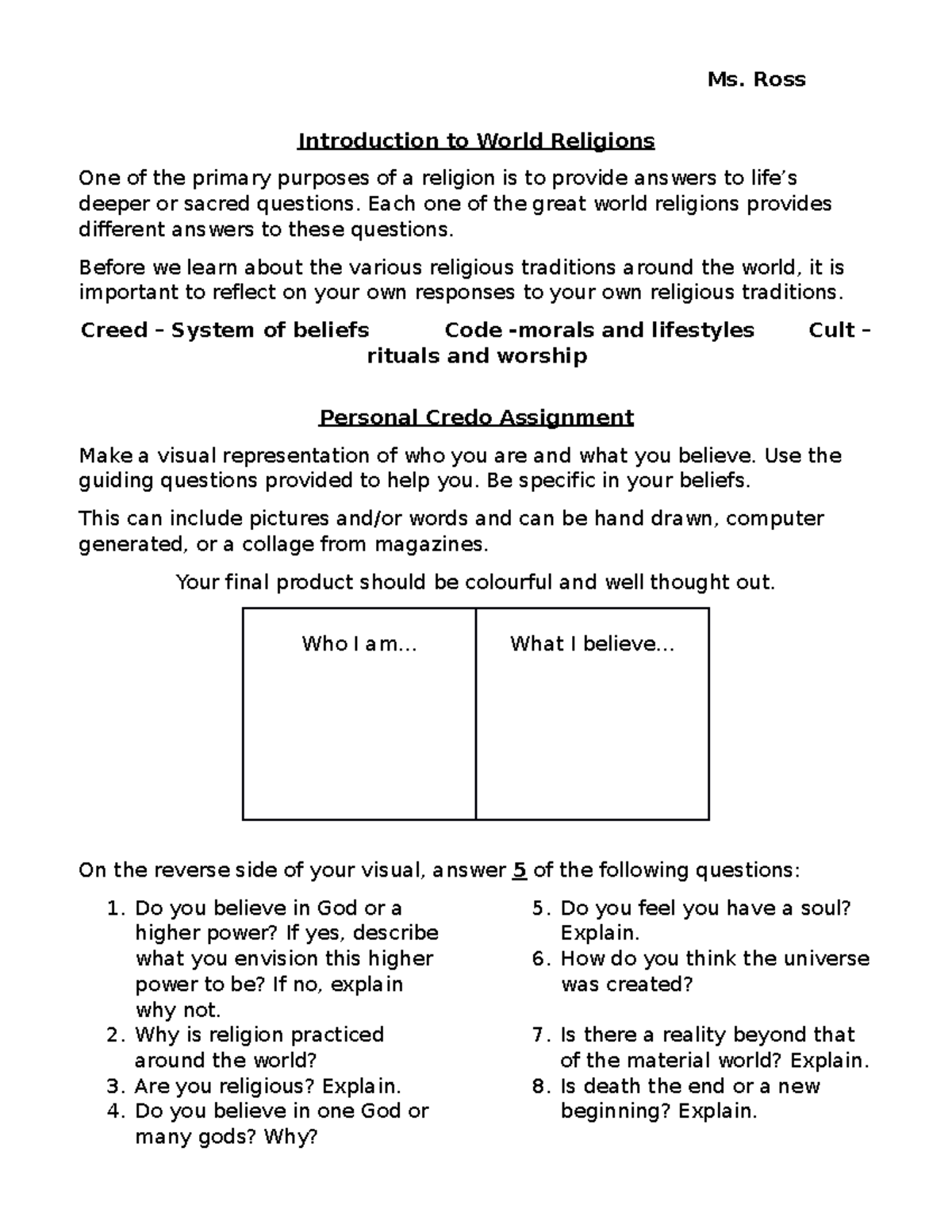 Personal Credo Assignment - Beatrix Bennett - Ms. Ross Introduction to ...