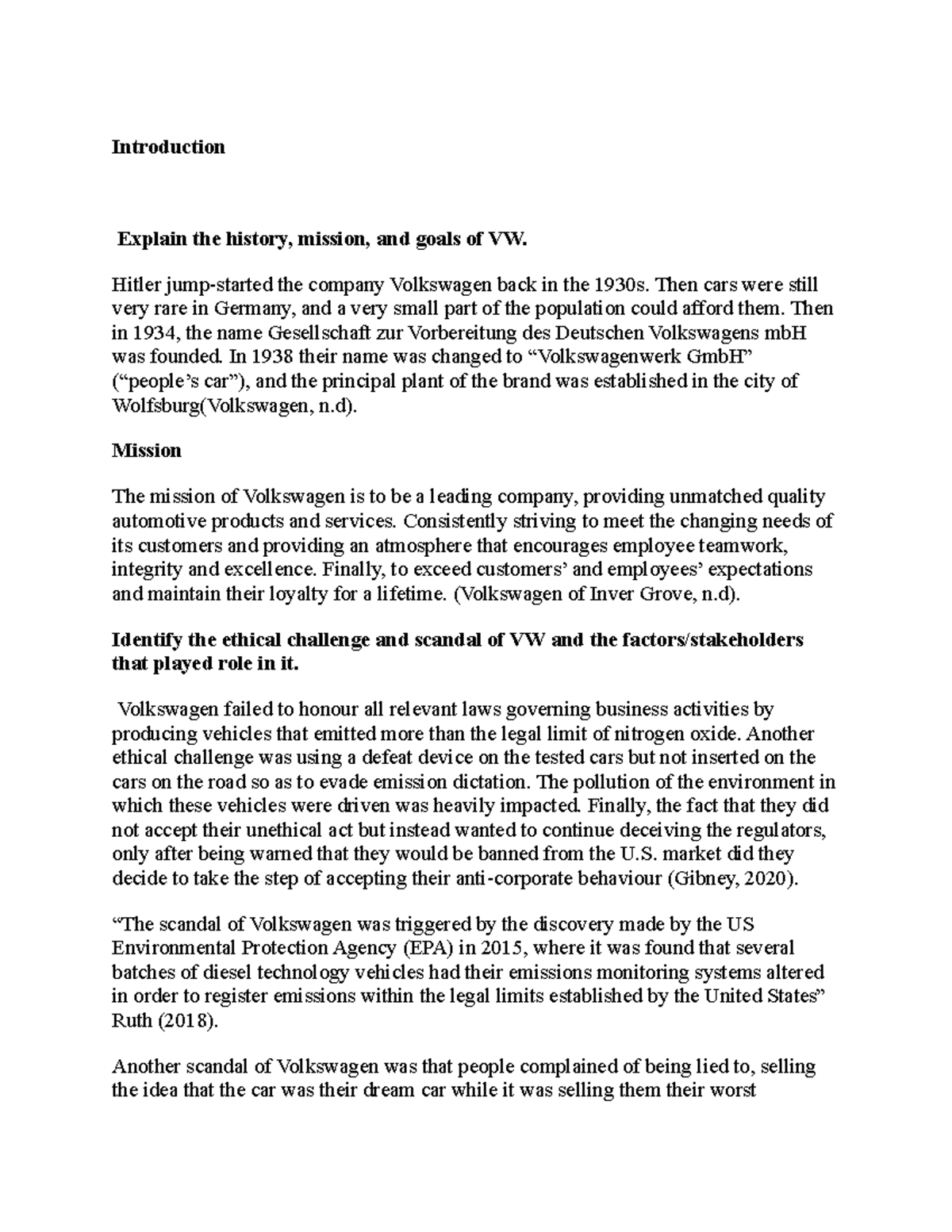 VW Scandal Report - copia - Introduction Explain the history, mission ...