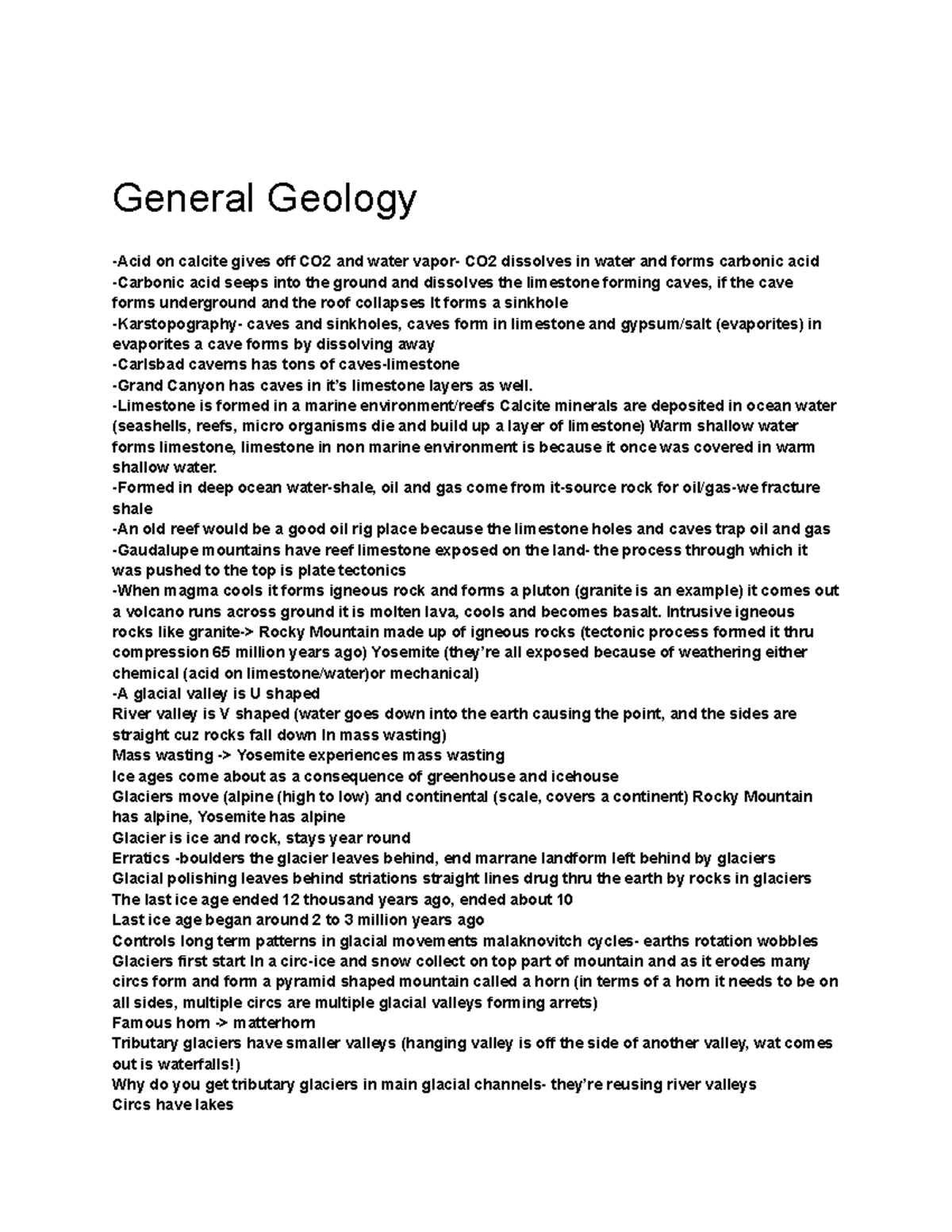 General Geology Notes - General Geology -Acid on calcite gives off CO2 ...