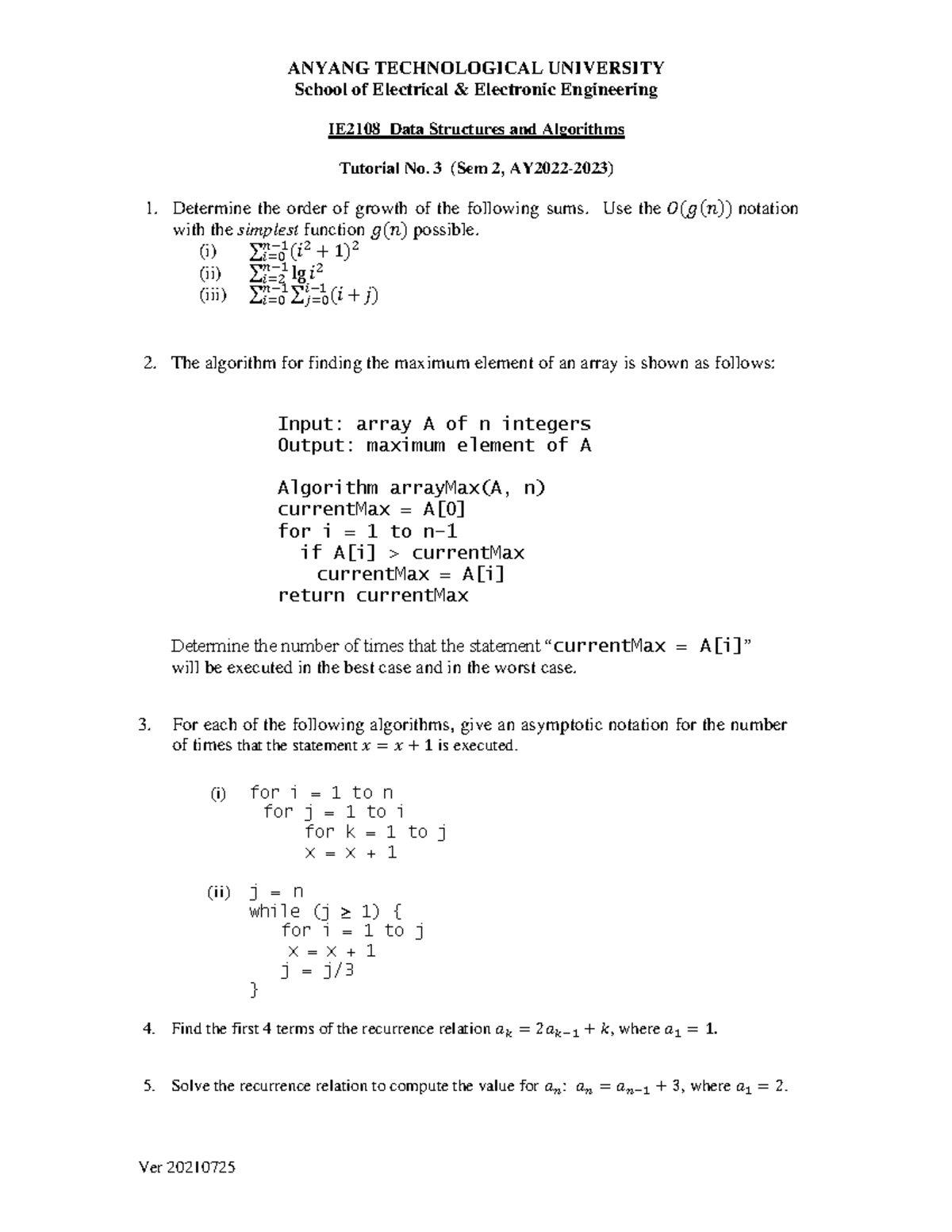 IE2108 Tutorial no 03 - Tut3 - Ver 20210725 ANYANG TECHNOLOGICAL UNIVERSITY School of Electrical ...