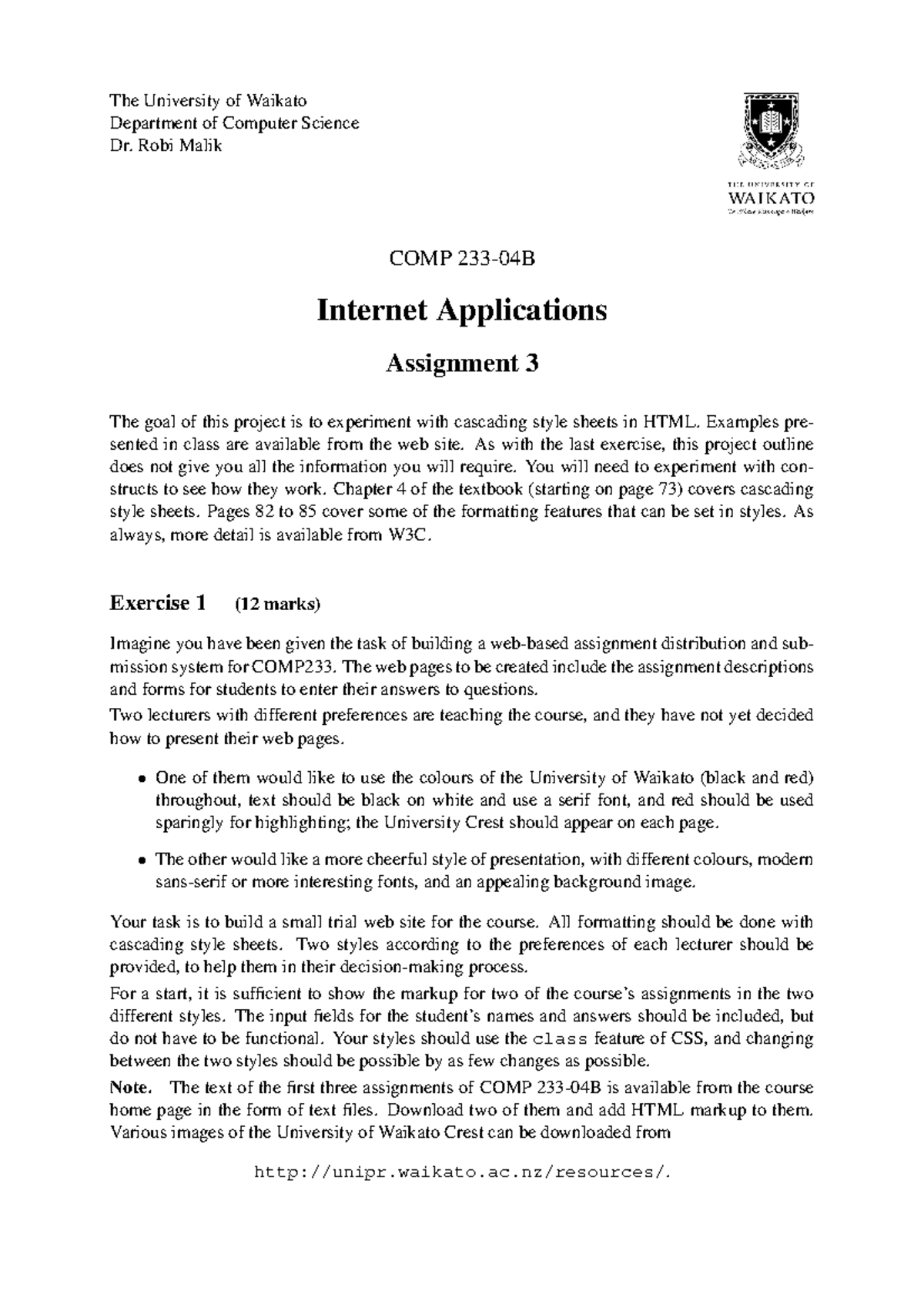 Assignment 03 - The University of Waikato Department of Computer ...