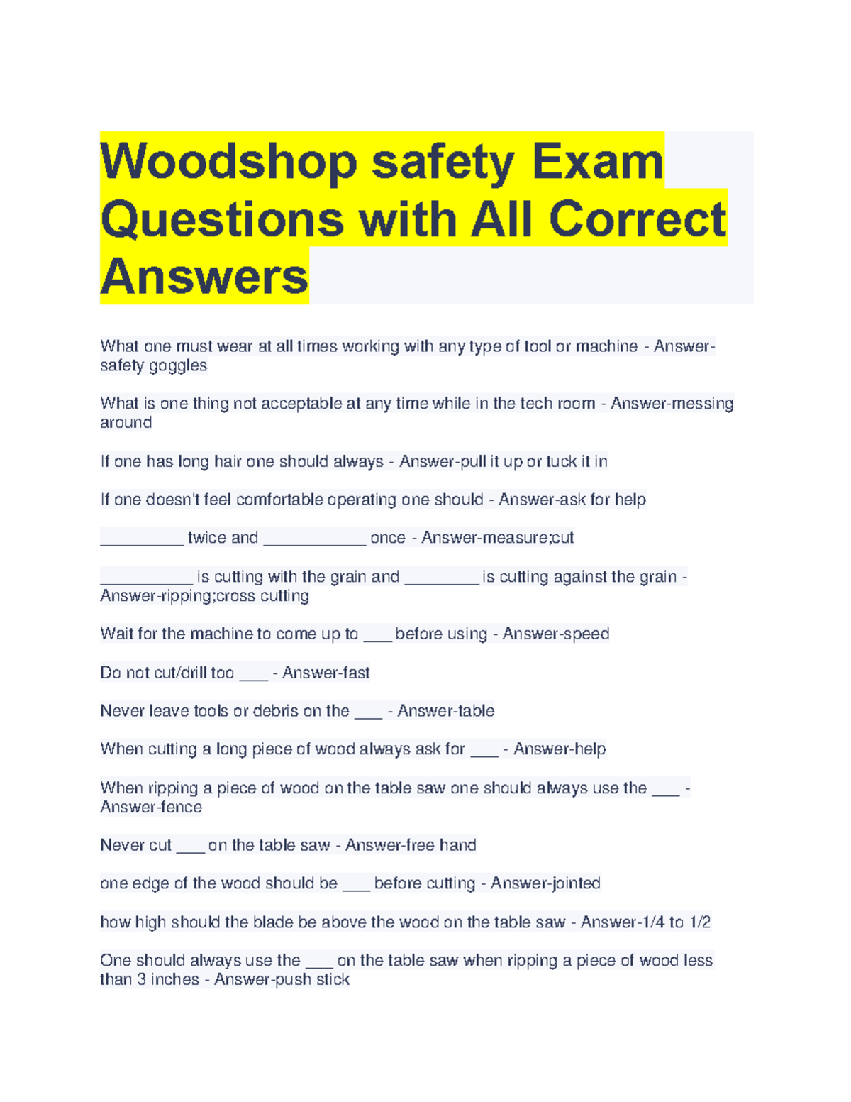 Woodshop safety Exam Questions with All Correct Answers - Woodshop ...