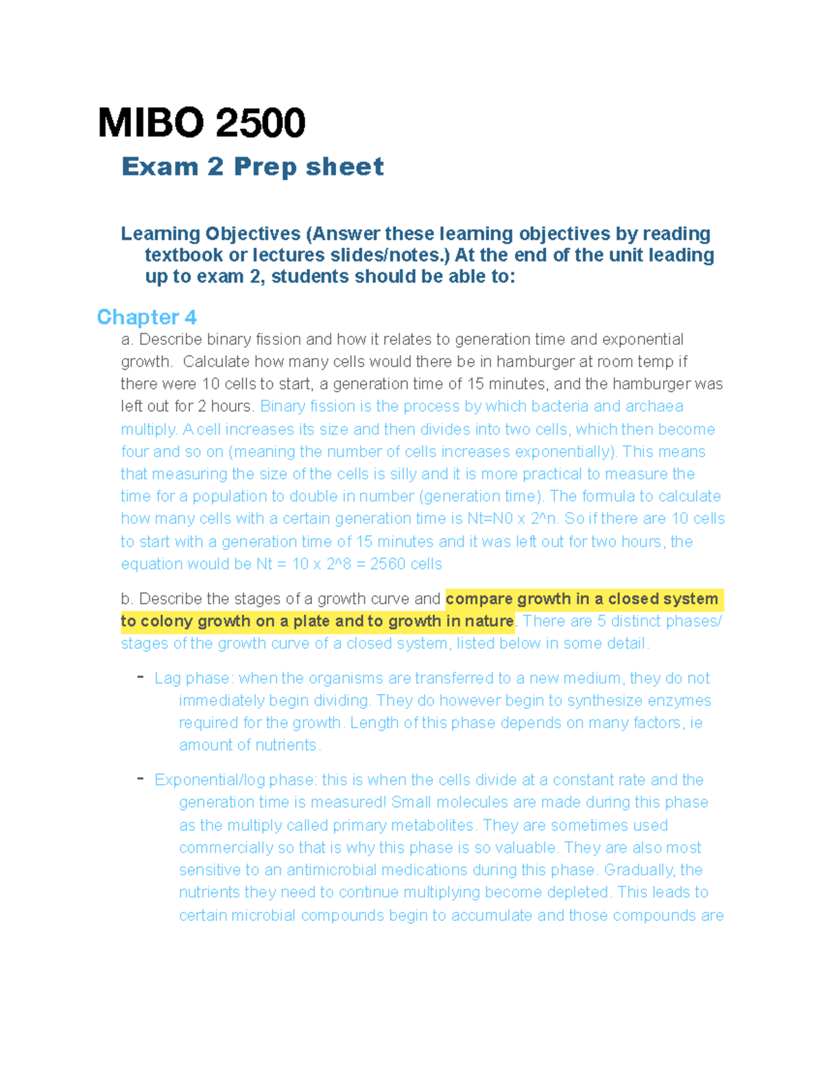 Exam 2 Prep Sheet - Grainy - MIBO 2500 Exam 2 Prep sheet Learning Objectives (Answer these ...