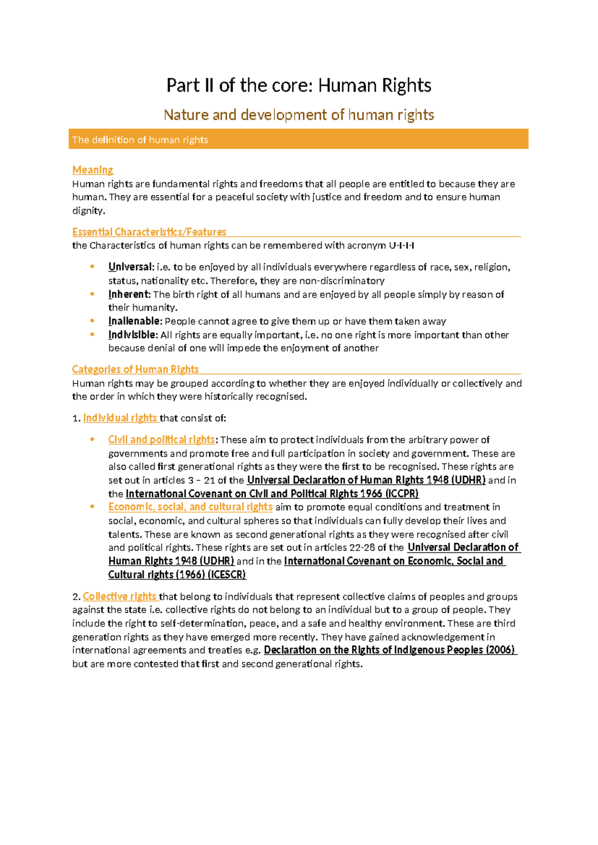 HR - n/a - Part II of the core: Human Rights Nature and development of ...