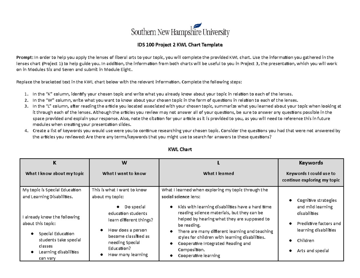 IDS 100 KWL Chart - Final Grade: A - IDS 100 Project 2 KWL Chart ...