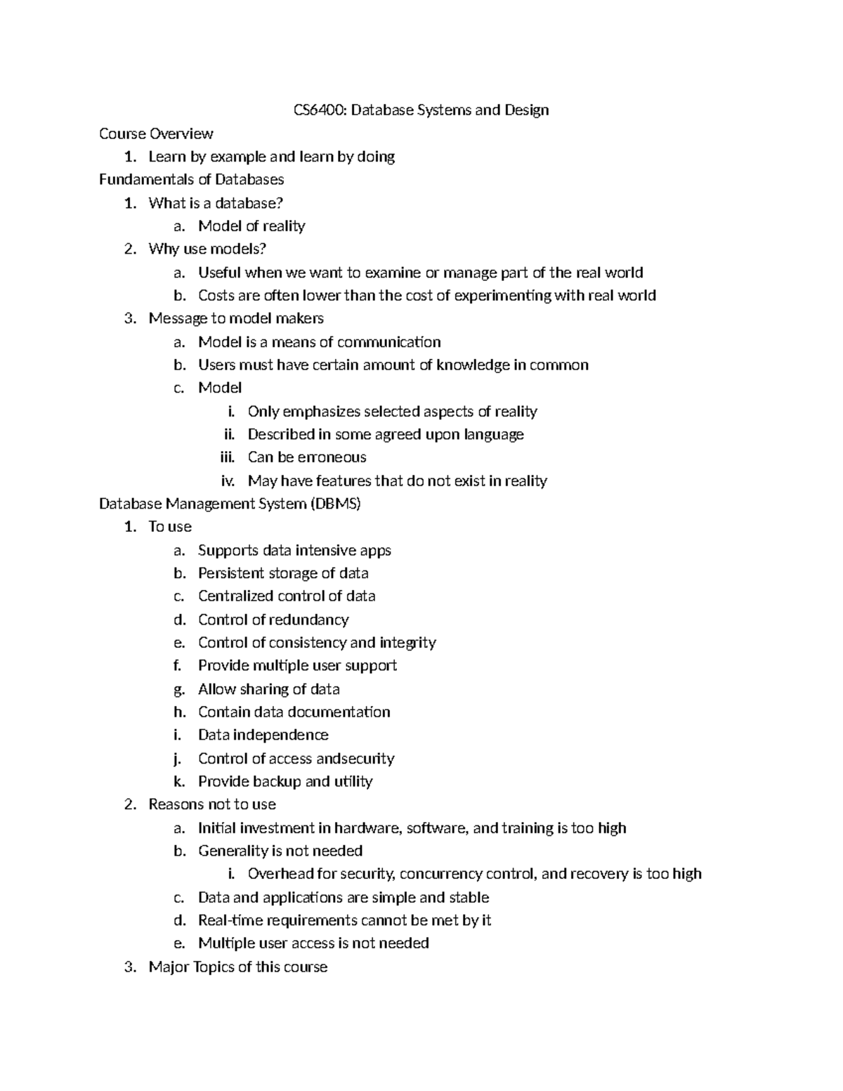 CS6400 notes Exam 1 - exam 1 study note - CS6400: Database Systems and ...