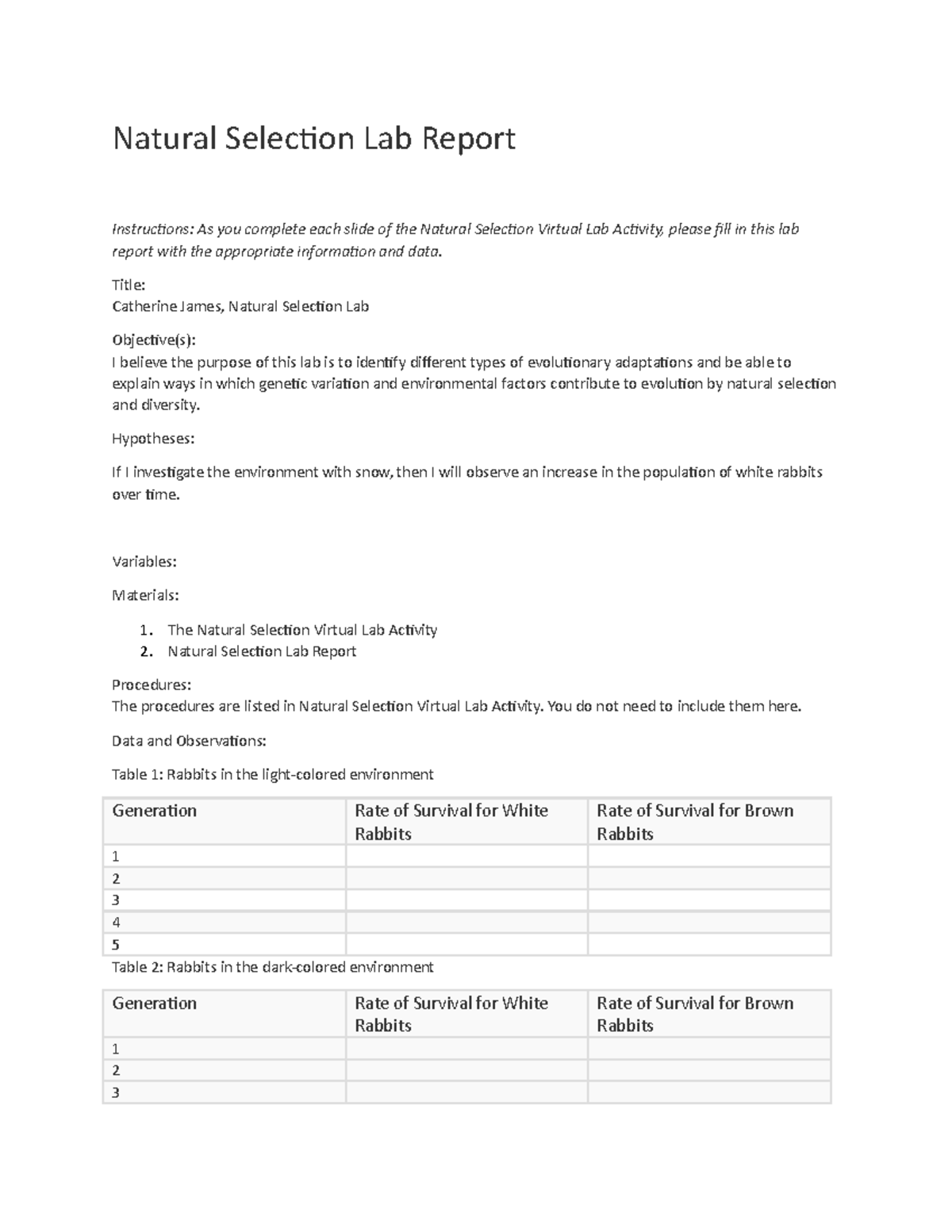 Natural Selection Lab Evolutionary Report - Natural Selection Lab ...