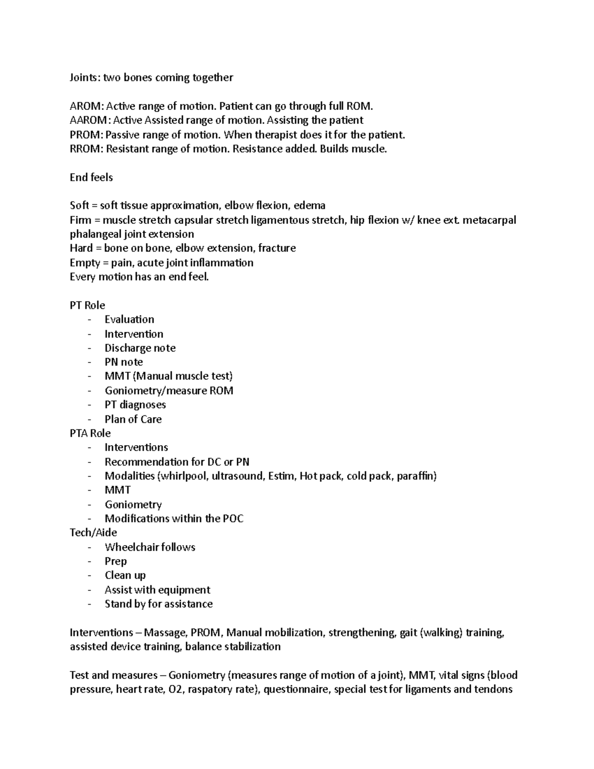 Random Notes - Joints: two bones coming together AROM: Active range of ...