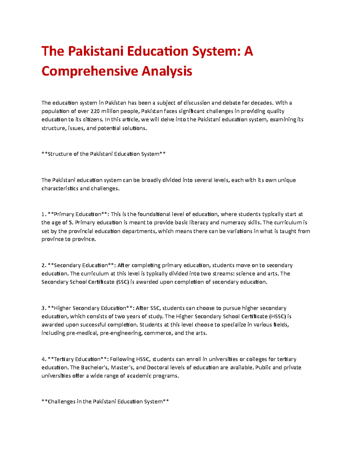 The Pakistani Education System - With a population of over 220 million ...