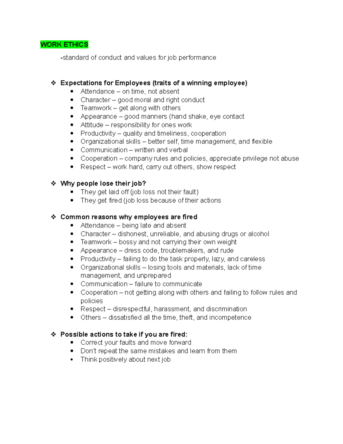 Work Ethics - WORK ETHICS - standard of conduct and values for job ...