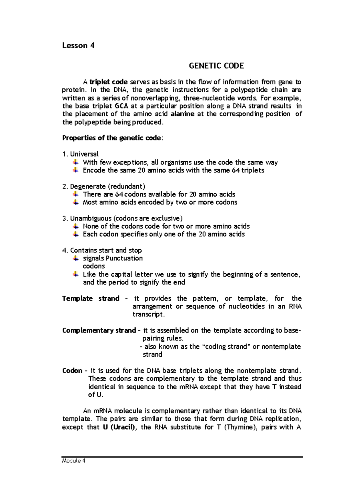 Lesson 4 Genetic Code - Module 4 Lesson 4 GENETIC CODE A triplet code ...