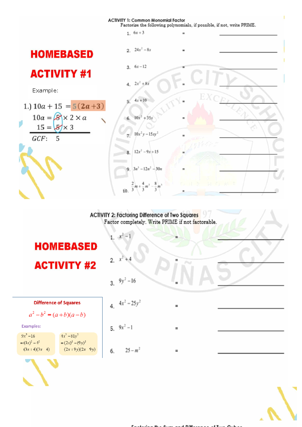 Activities-Q1 - Hhhhhh - ACTIVITY 1: Common Monomial Factor Factorize the following polynomials ...