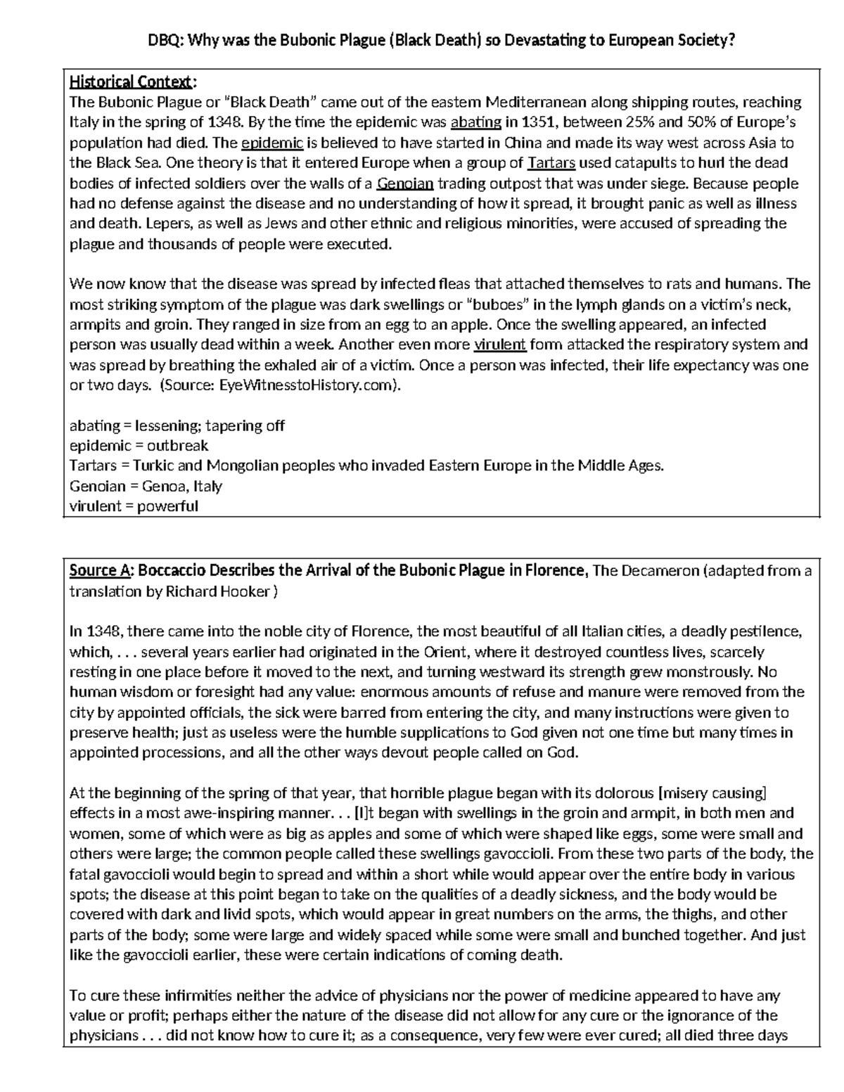 Black Plague DBQ - Hjjj - DBQ: Why was the Bubonic Plague (Black Death ...