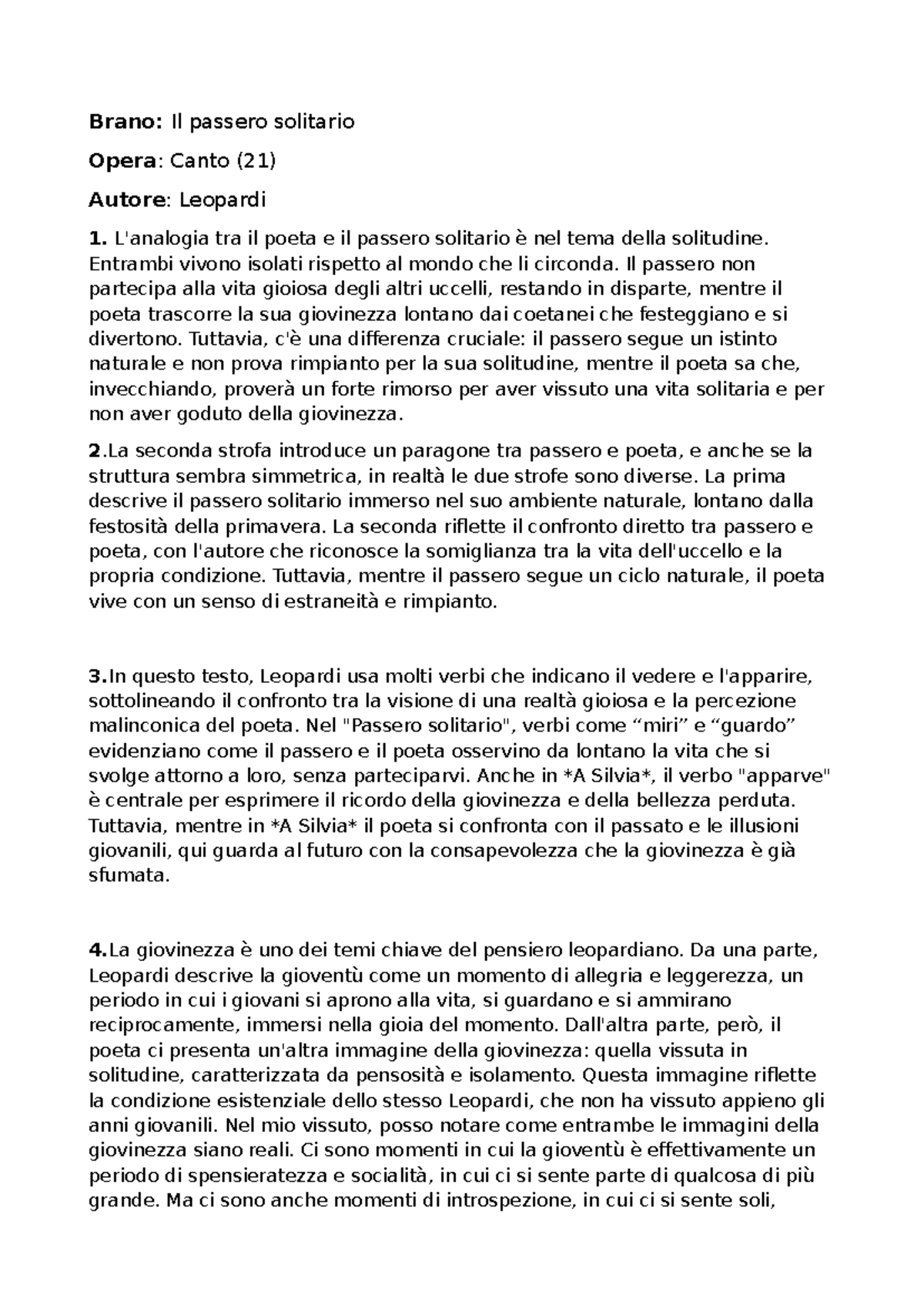 Il passero solitario - Analisi del testo - Brano: Il passero solitario ...