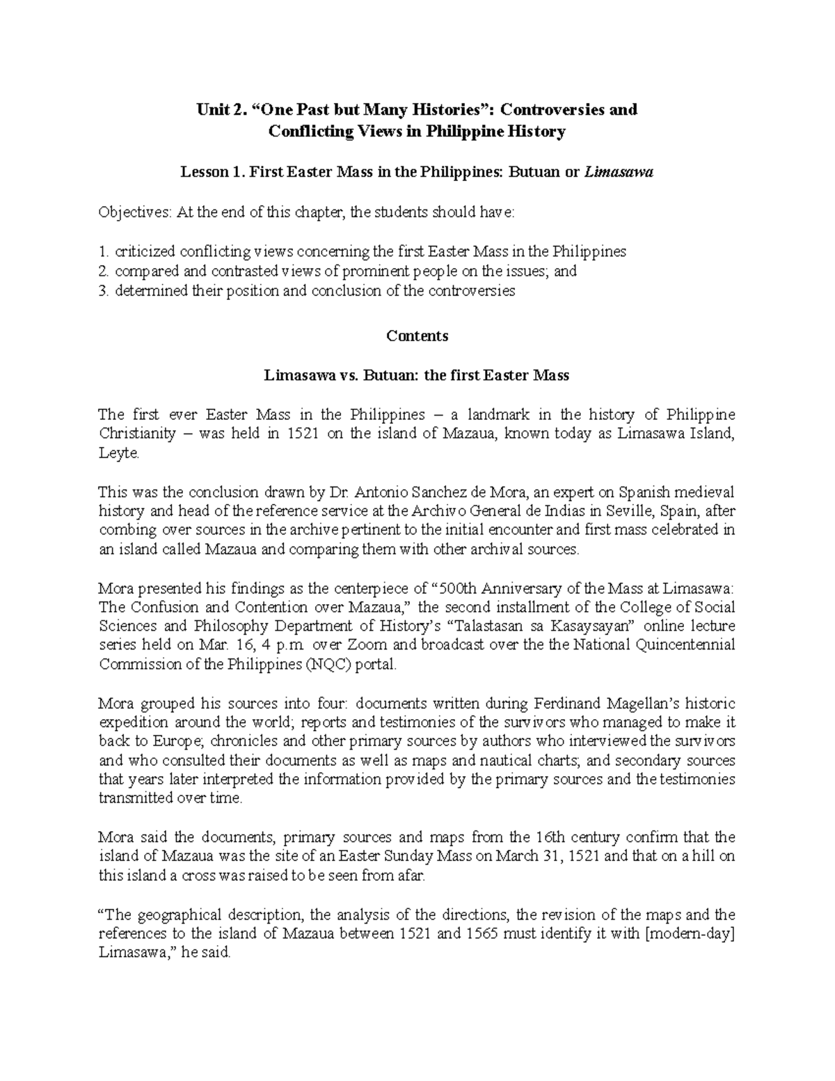 Lesson 1 - Mora's claim for the first easter mass controversy. - Unit 2 ...