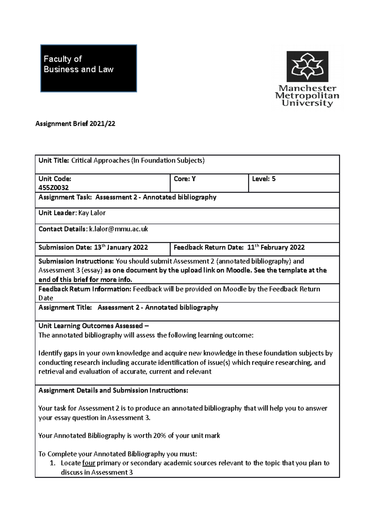 Assessment Brief - Assessment 2 - Assignment Brief 2021/ Unit Title ...