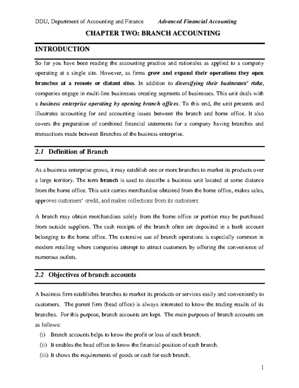 Chapter TWO Branch Accounting - CHAPTER TWO: BRANCH ACCOUNTING ...