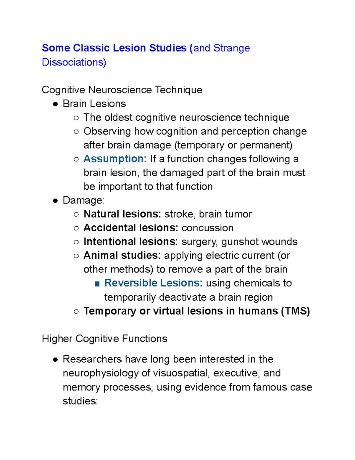 Psychology 260 Lecture #5 Notes - Some Classic Lesion Studies (and ...
