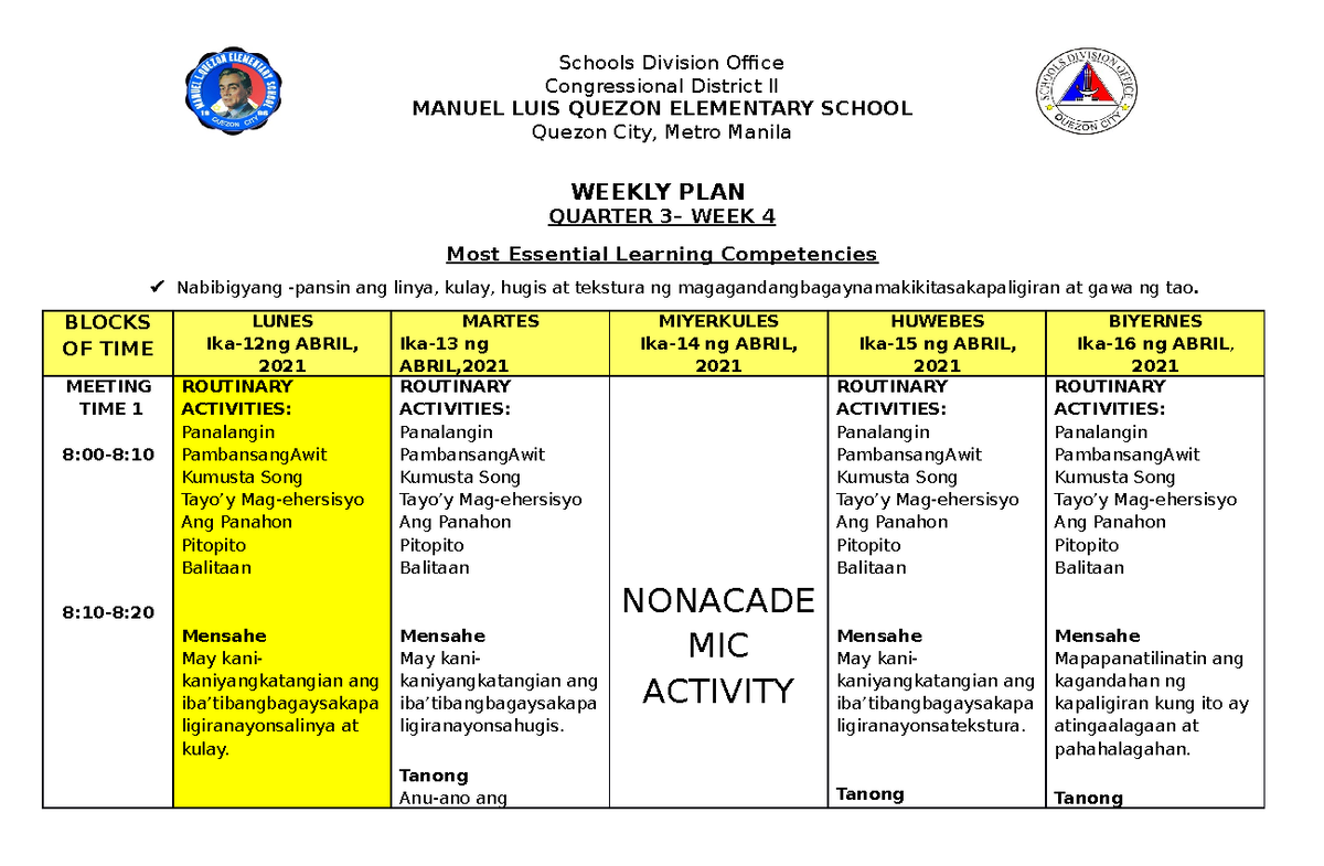 WHLP week 4 - about Weekly home learning plan for third quarter week 4 - Schools Division Office ...