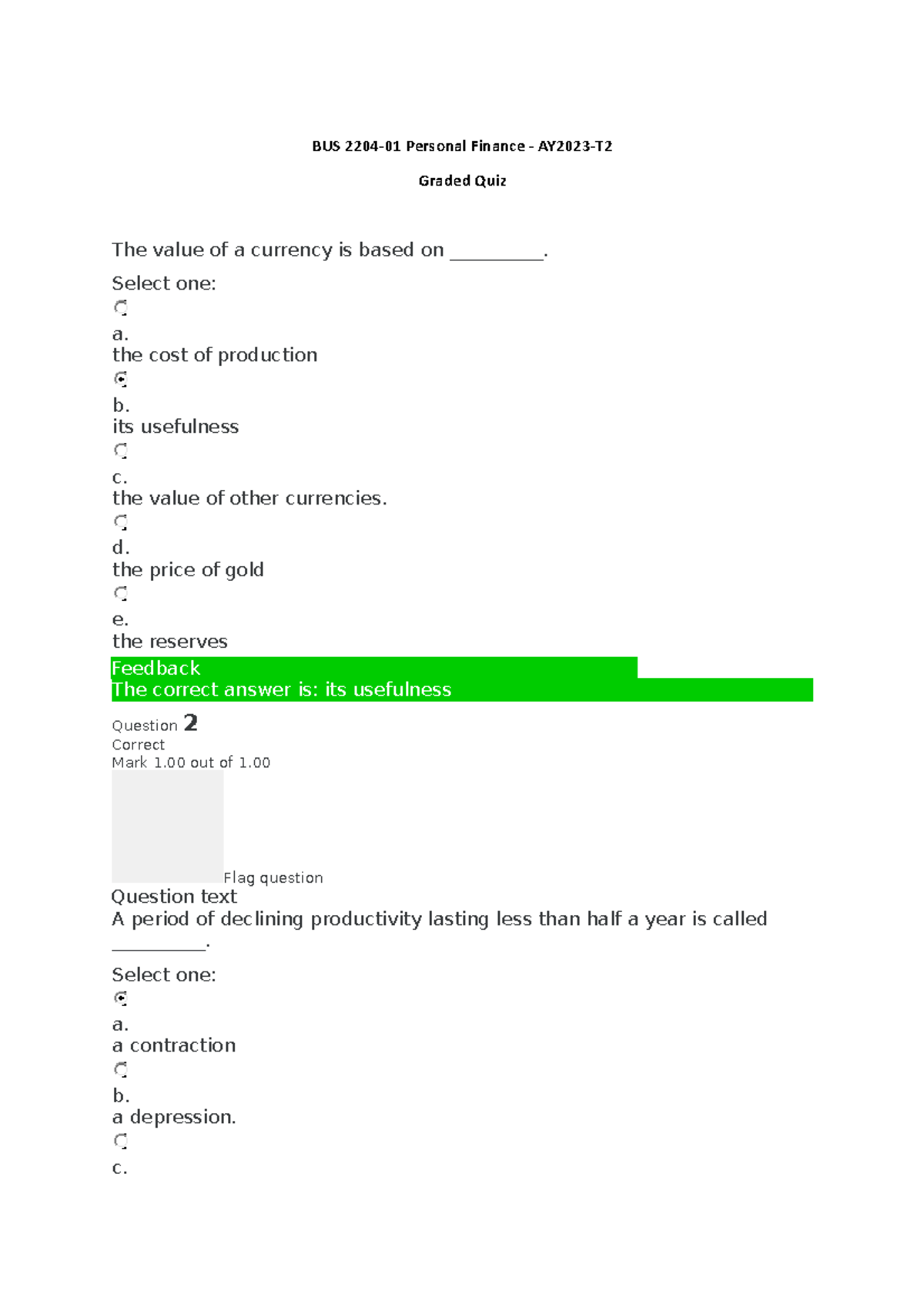 BUS 2204 Graded Quiz 1 - BUS 2204-01 Personal Finance - AY2023-T Graded ...