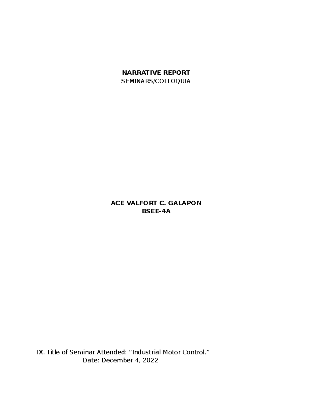 Final Narrative Report 8 - NARRATIVE REPORT SEMINARS/COLLOQUIA ACE VALFORT C. GALAPON BSEE-4A IX ...