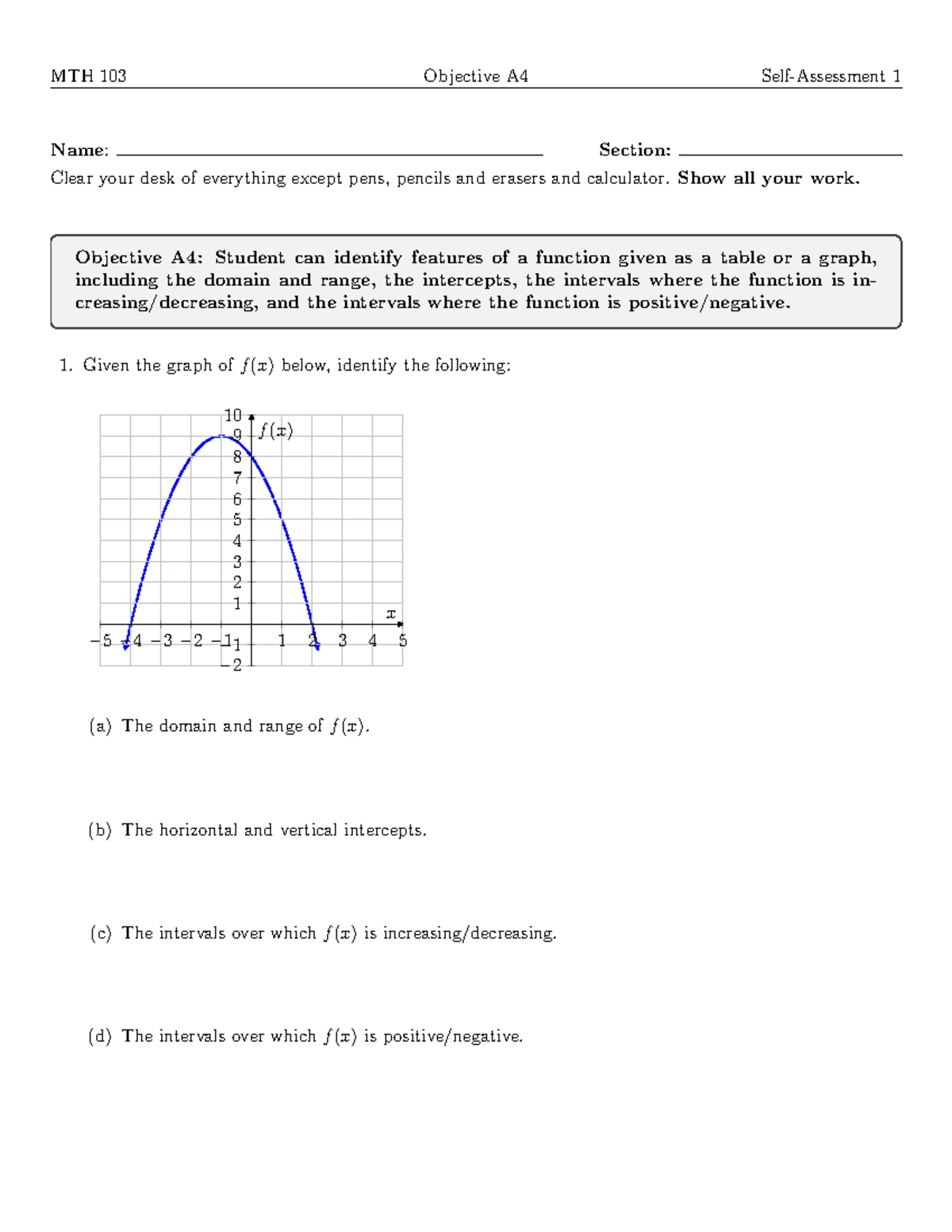 Obj A4 Assessment 1 - a4 practice - MTH 103 Objective A4 Name: 1 ...