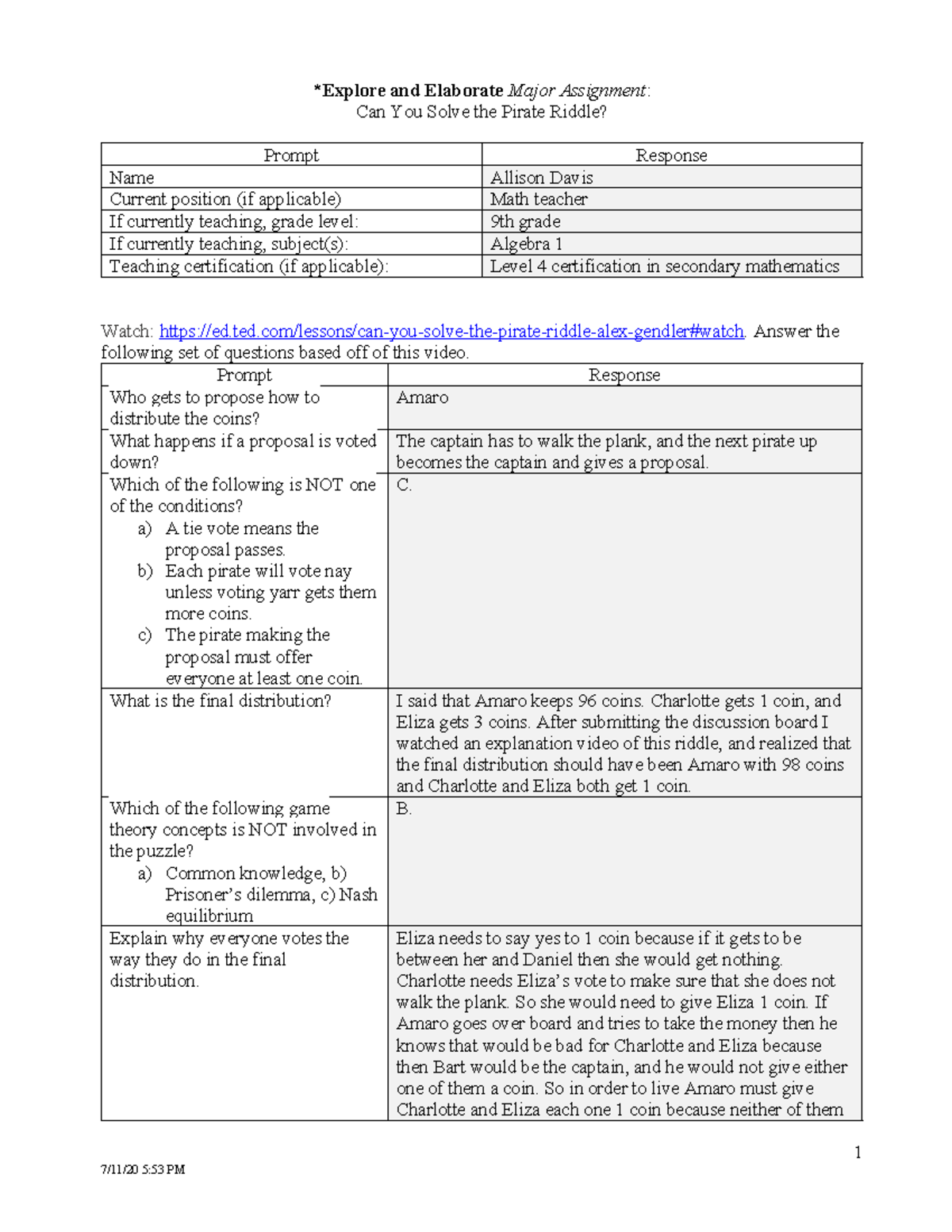 Can You Solve the Pirate Riddle Template-Davis - *Explore and Elaborate ...
