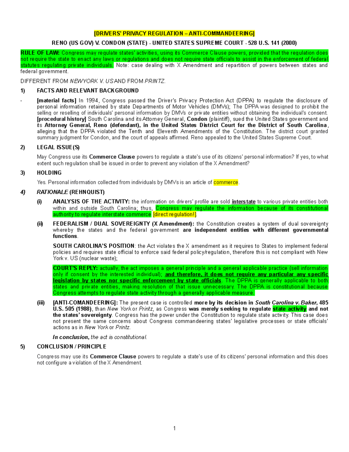 TENTH AMENDMENT / SEPARATION OF POWERS: Case brief RENO Condon (drivers ...