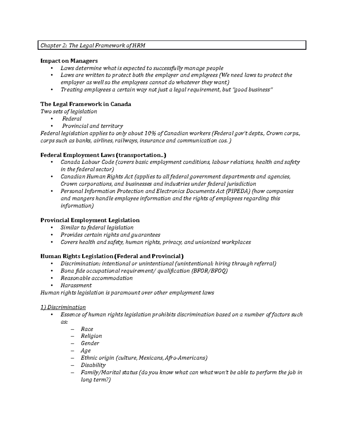 Chapter 2 - Chapter 2: The Legal Framework of HRM Impact on Managers ...