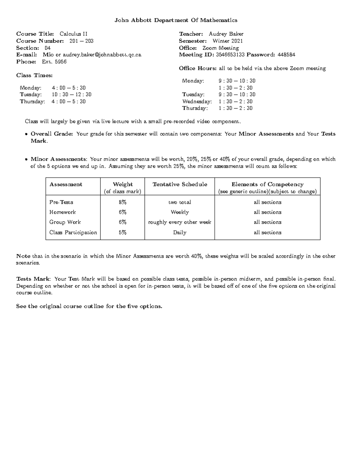 Course outline - John Abbott Department Of Mathematics Course Title ...