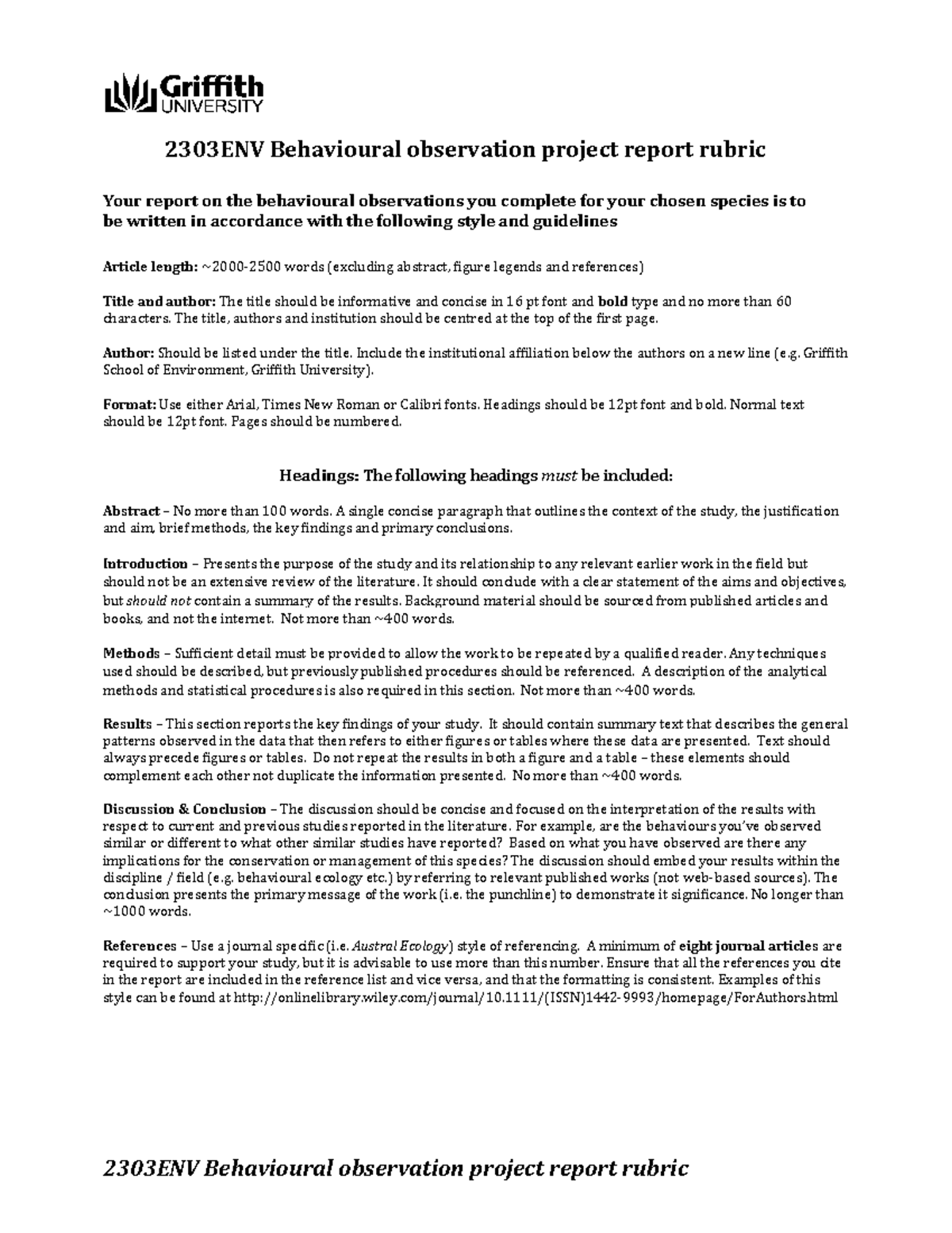 Behavioural report rubric guidelines - 2303ENV Behavioural observation ...