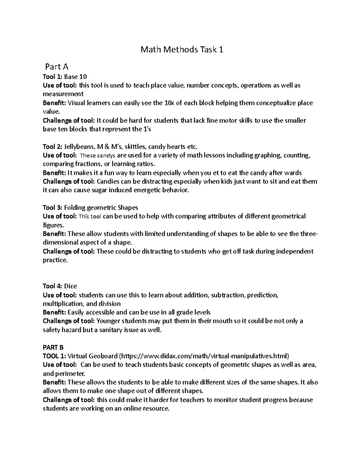 Math Methods Task 1 - Task 1 - Math Methods Task 1 Part A Tool 1: Base ...