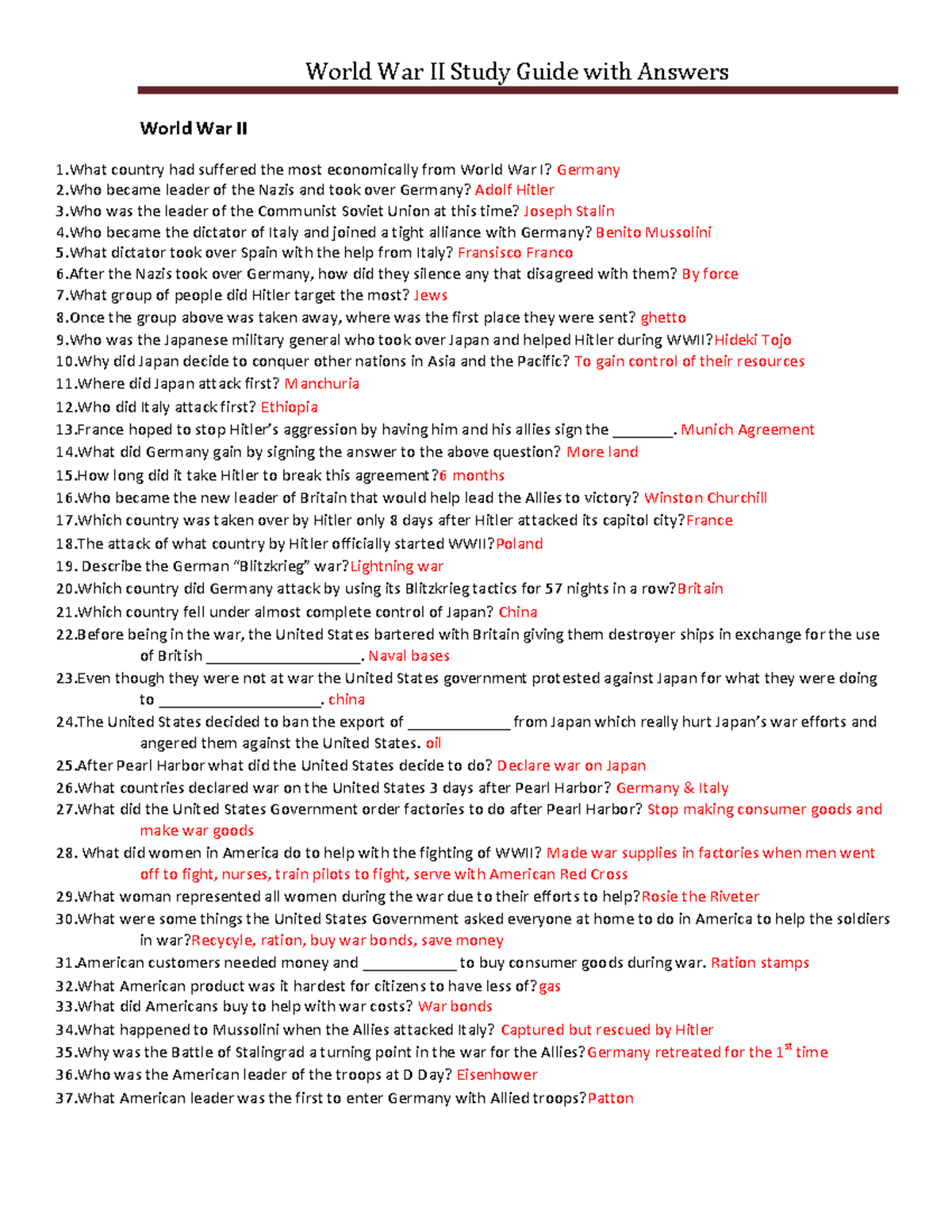 WWII study guide with answers - World War II Study Guide with Answers ...