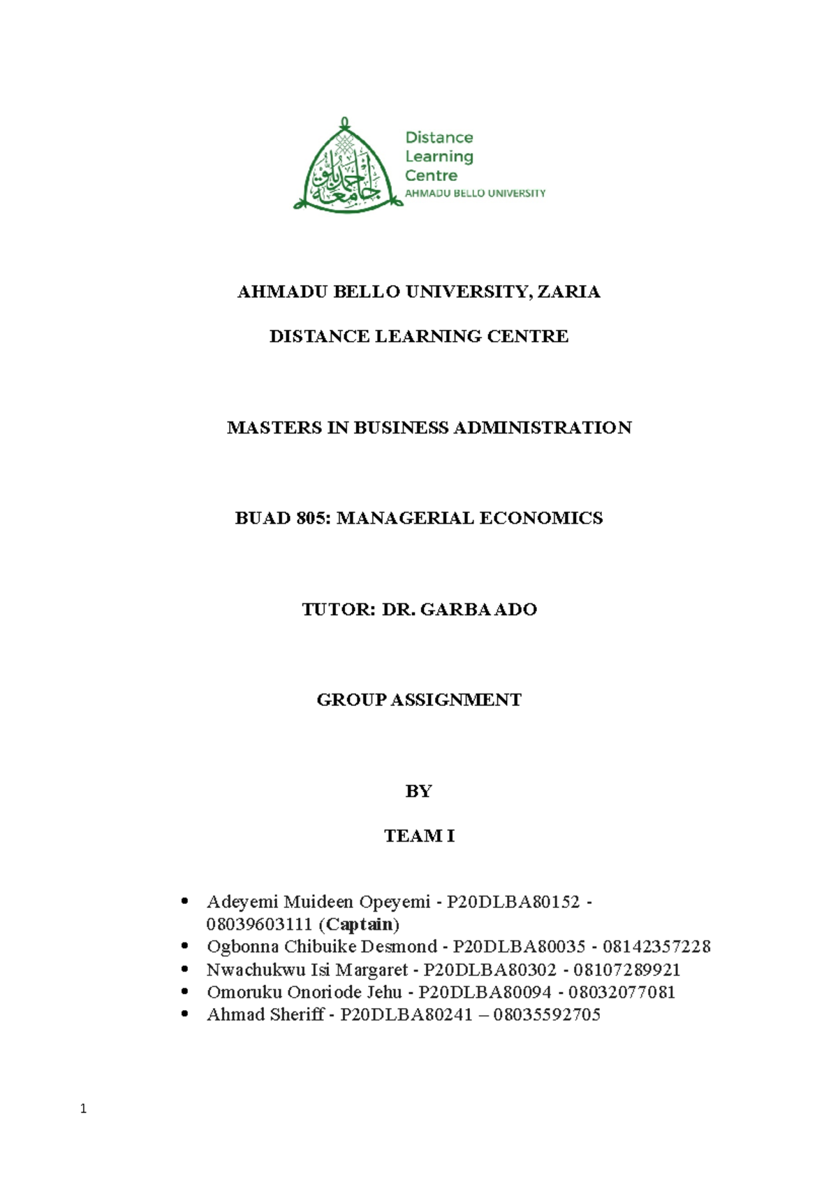 Team I Buad805 Group Assignment - AHMADU BELLO UNIVERSITY, ZARIA ...