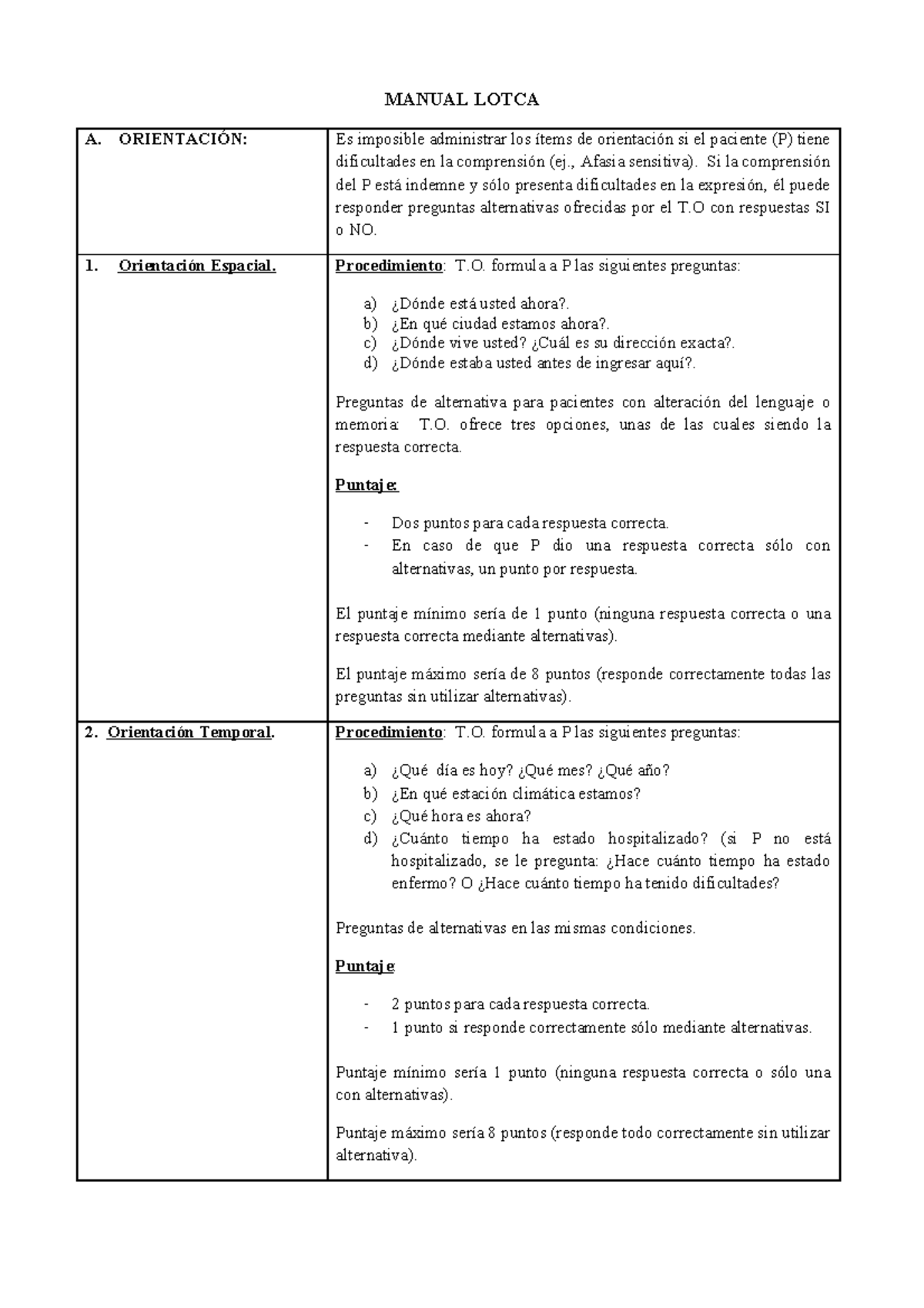 Lotca - evaluación cognitiva - MANUAL LOTCA A. ORIENTACIÓN: Es ...