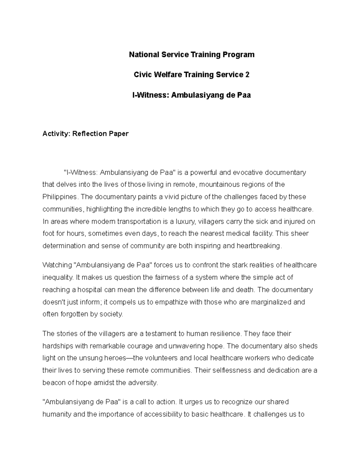 NSTP 2 Reflection Paper Rio - National Service Training Program Civic ...