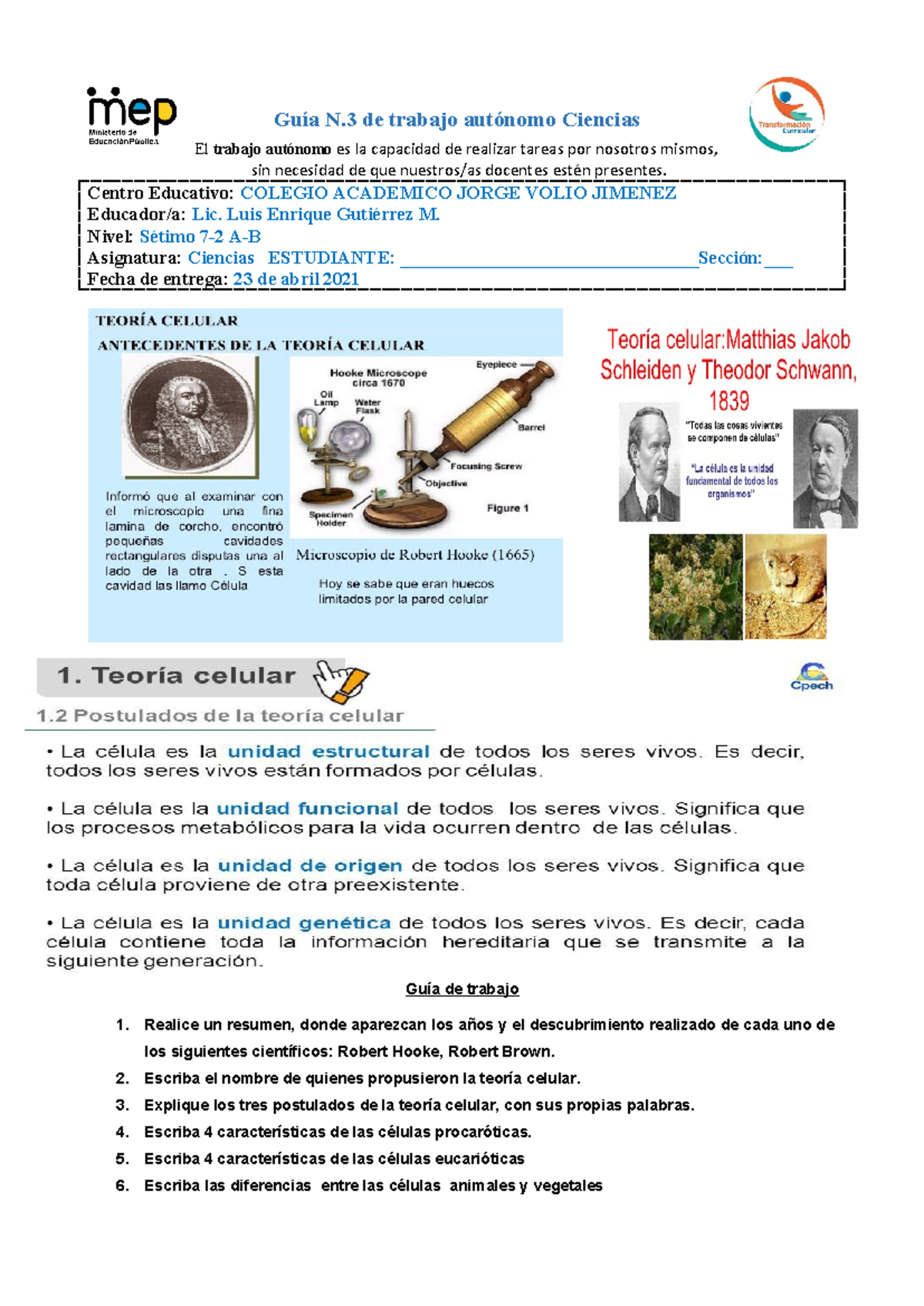 La celula y la teoría celular - Guía N de trabajo autónomo Ciencias El ...