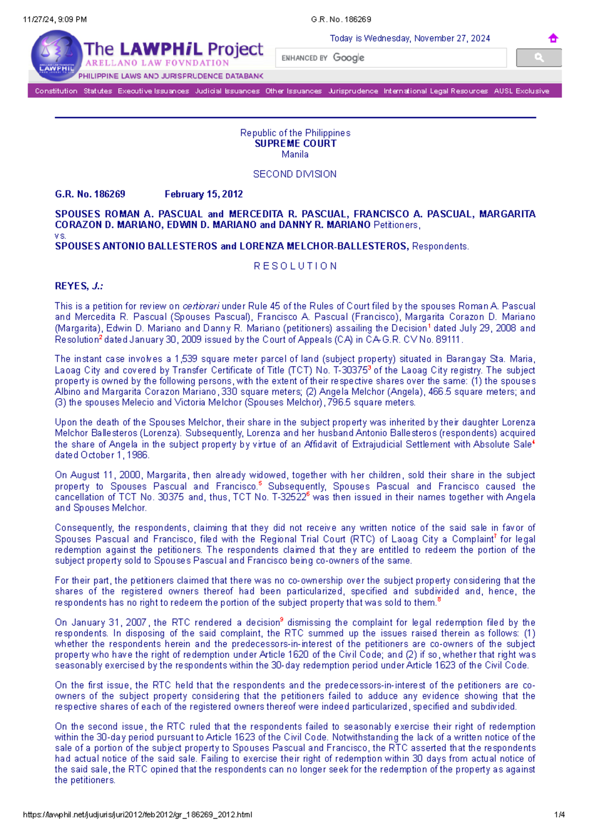 EOS 003 Legal Redemption G.R. No. 186269 - Constitution Statutes ...