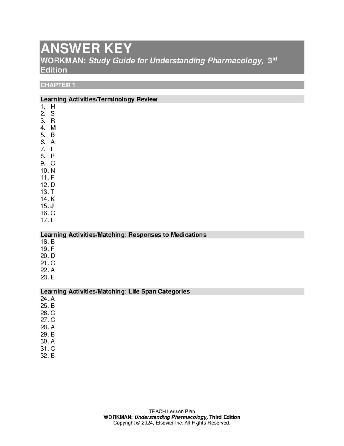 Study Guide stuff - TEACH Lesson Plan WORKMAN: Understanding Pharmacology, Third Edition ANSWER ...