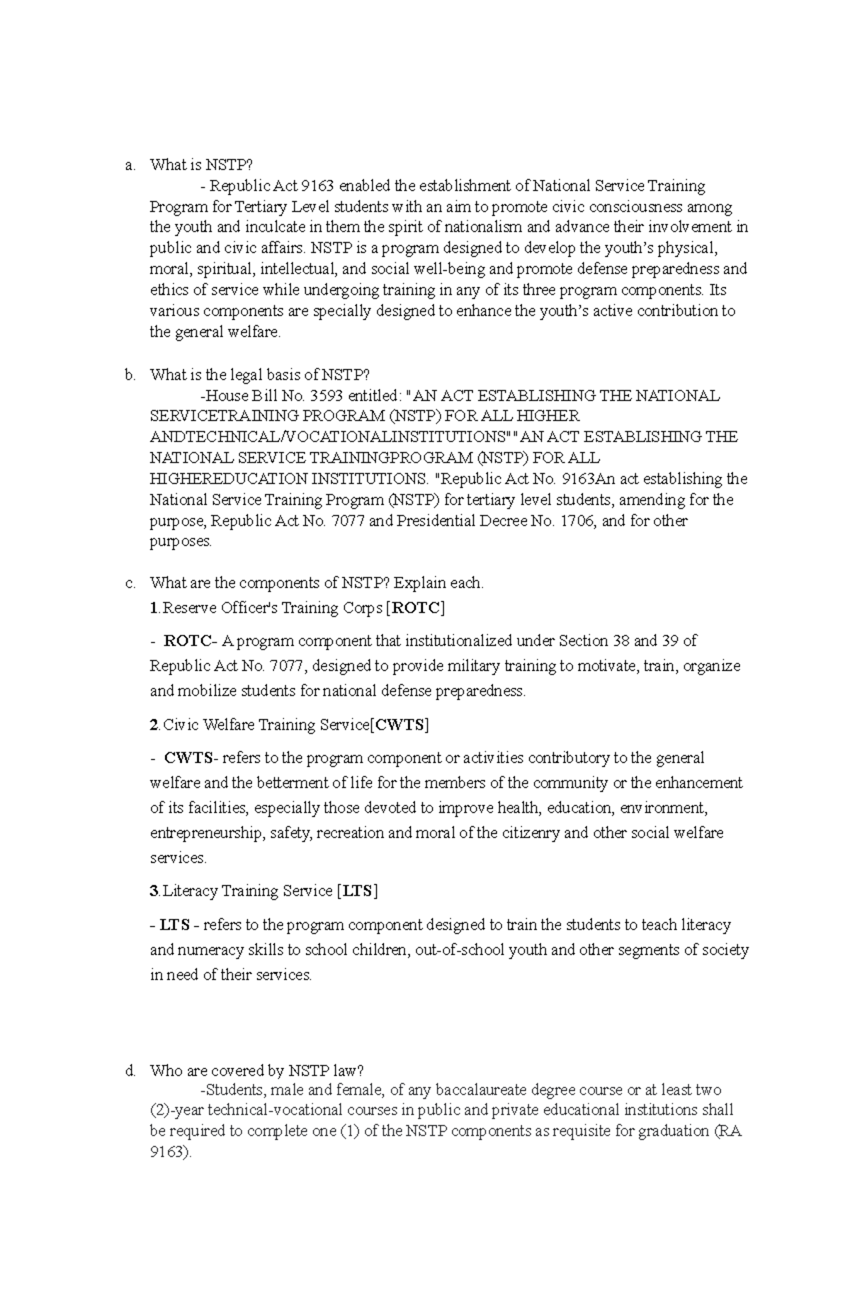 Nstpanswer - What is NS - a. What is NSTP? - Republic Act 9163 enabled ...