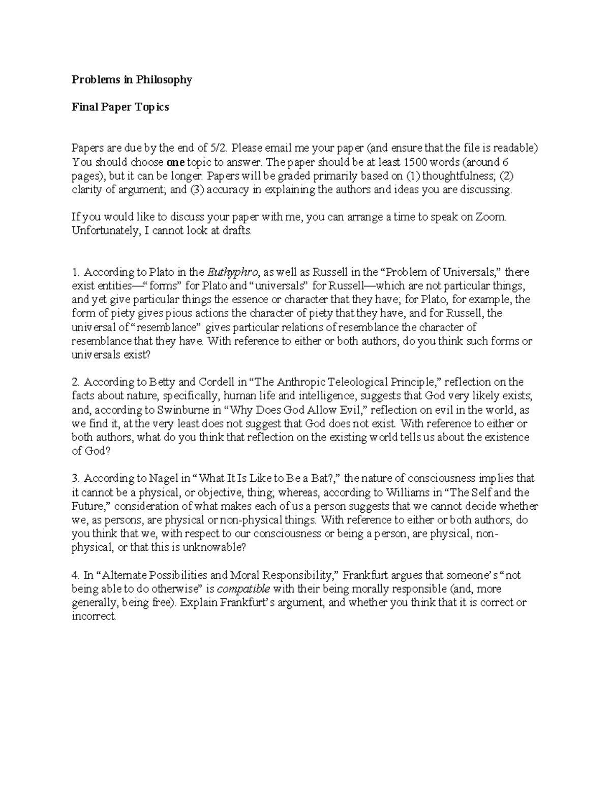 Problems Philosophy 02 Final Paper Topics - Problems in Philosophy Final Paper Topics Papers are ...