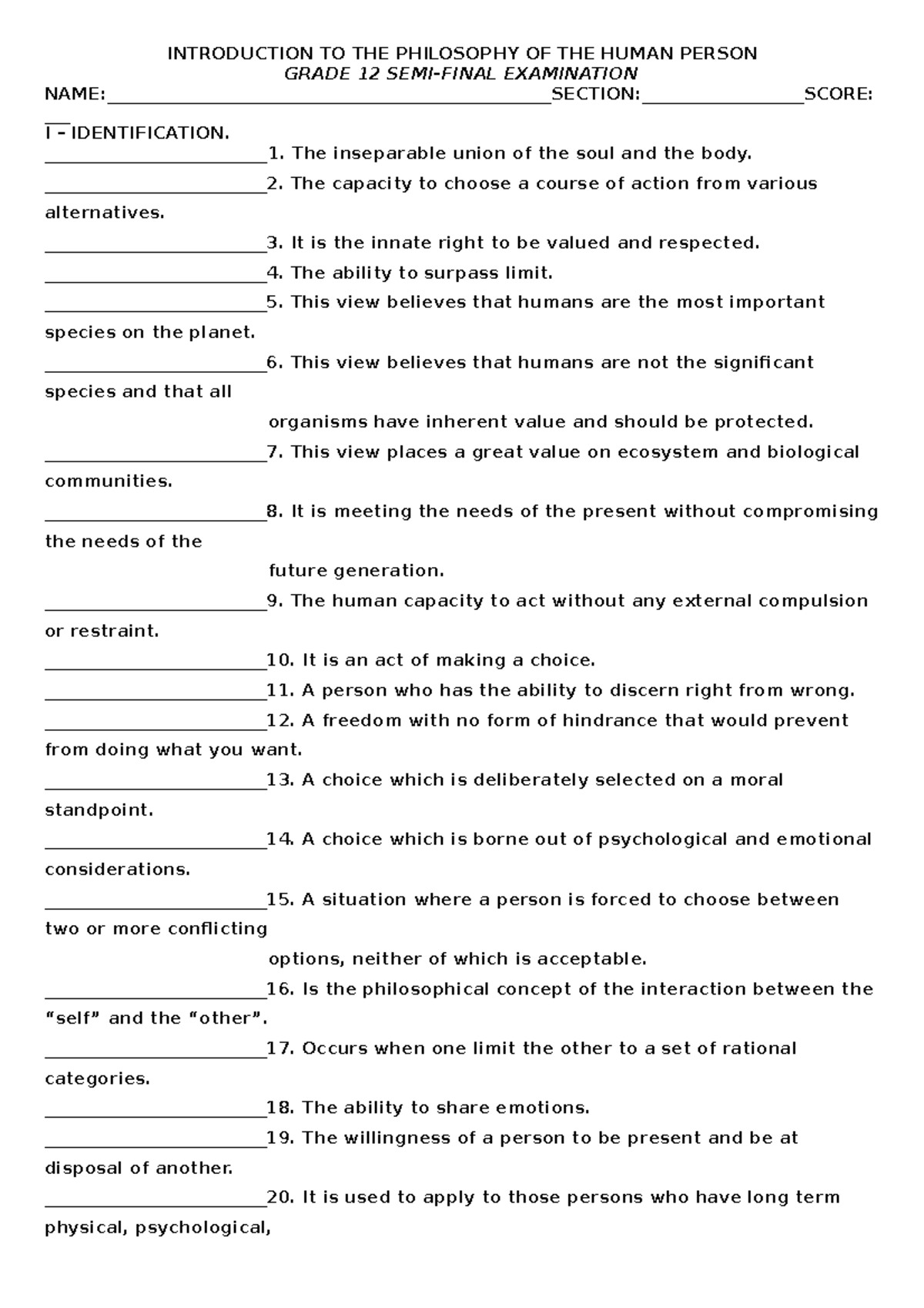 Semi-final examination for philosophy - INTRODUCTION TO THE PHILOSOPHY ...