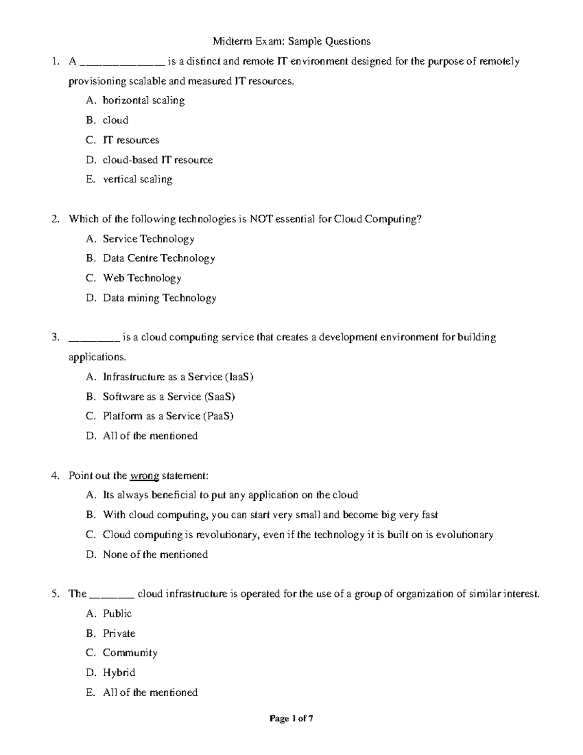 Sample Midterm Exam - Midterm Exam: Sample Questions A ...